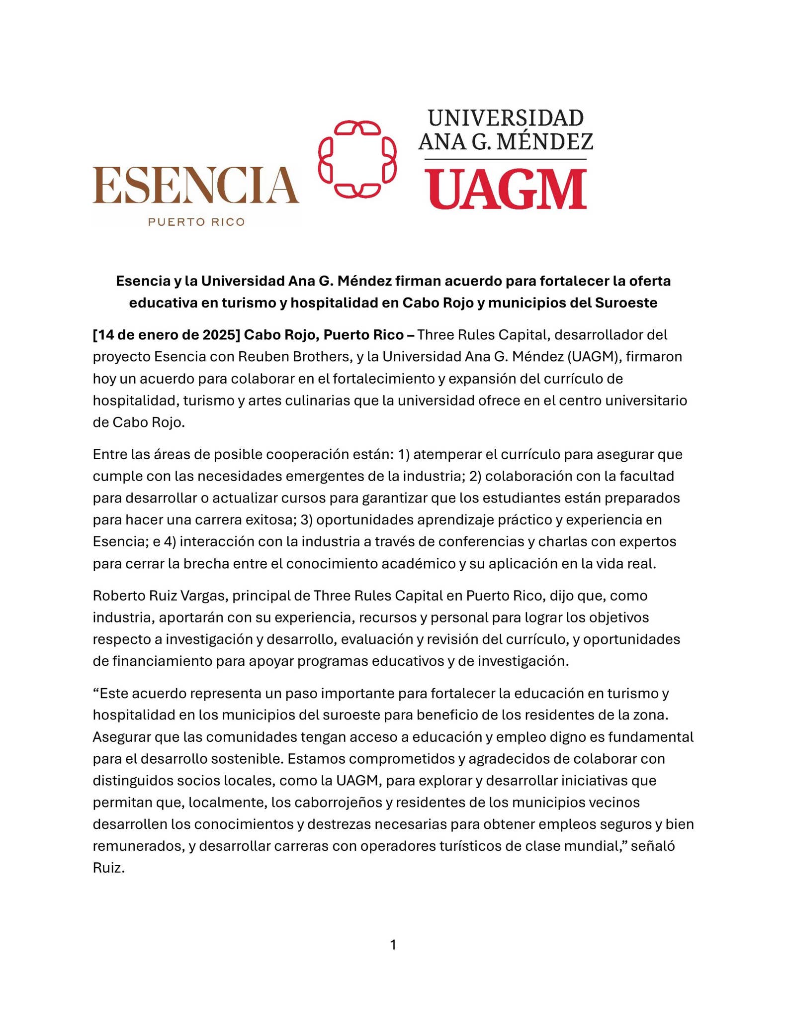Comunicado de Prensa Esencia y UAGM firman acuerdo educativo by Esencia ...