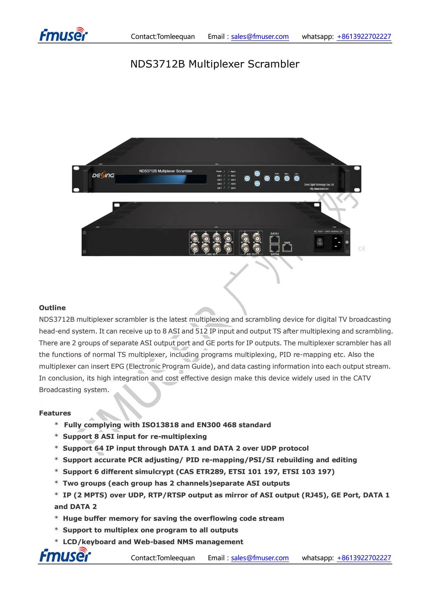 NDS3712B Multiplexer Scrambler for Digital TV Broadcasting by FMUSER ...