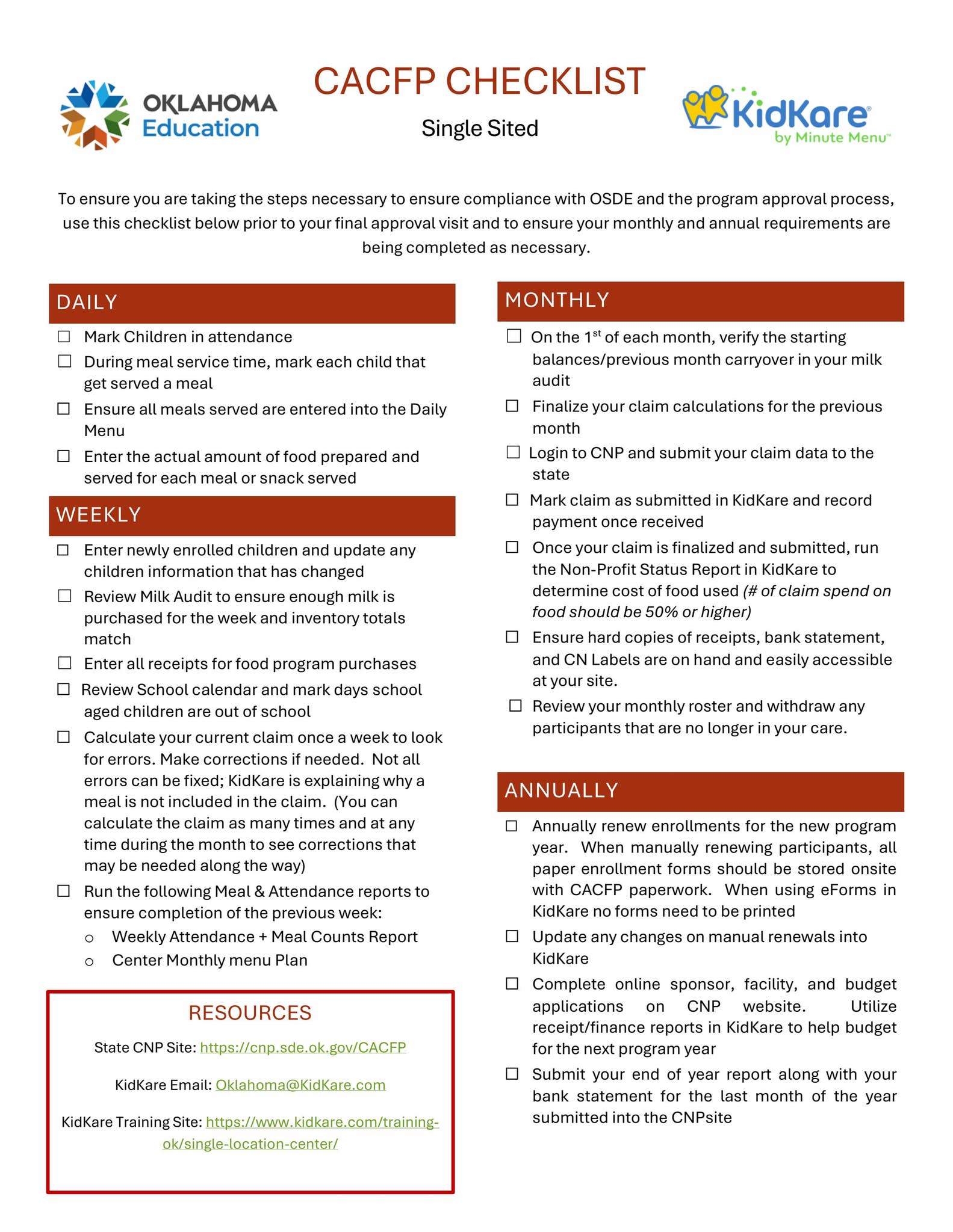 Single Sited KidKare Checklist - Oklahoma by KidKare by Minute Menu - Issuu