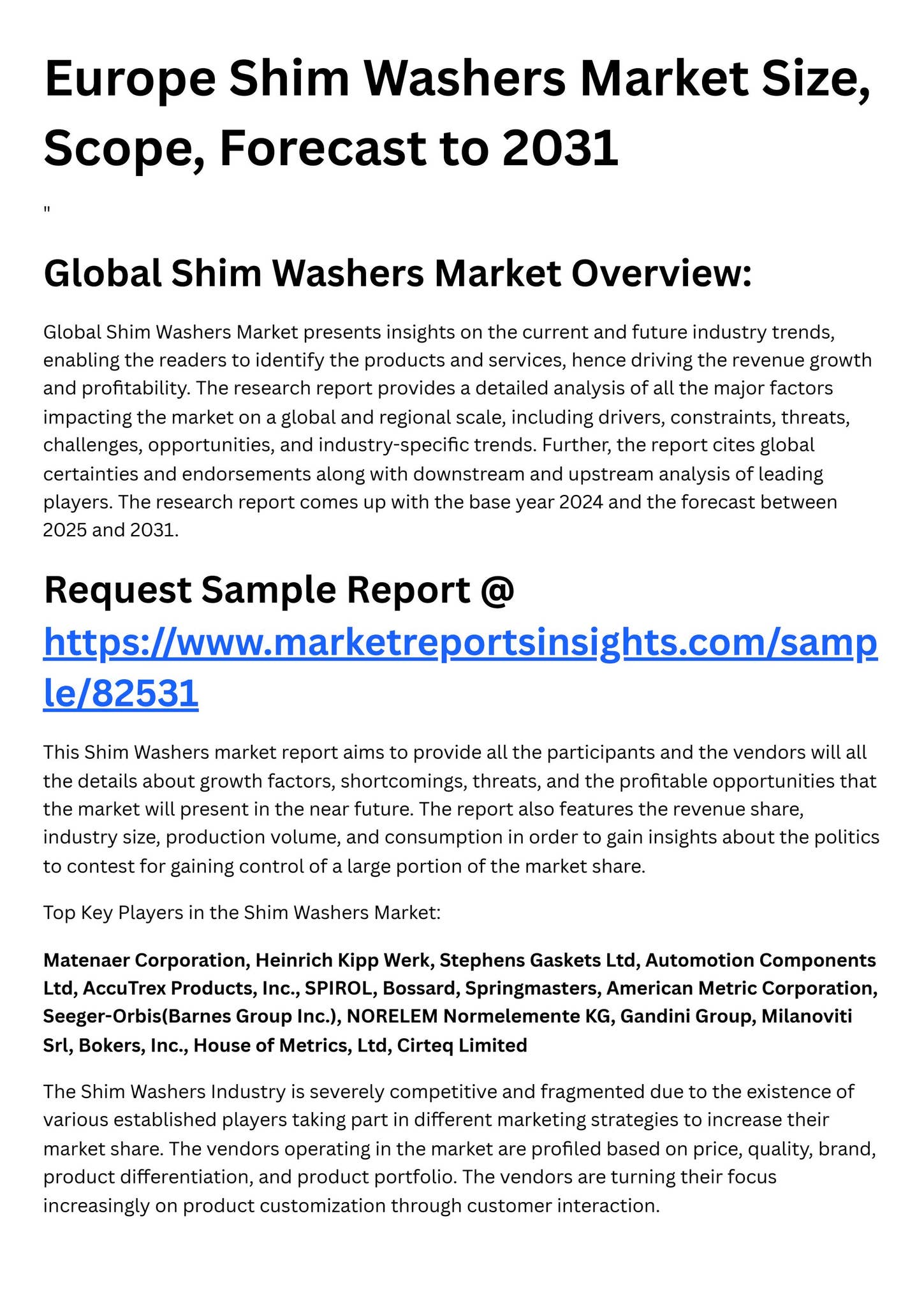 Europe Shim Washers Market Size, Scope, Forecast to 2031 by ...