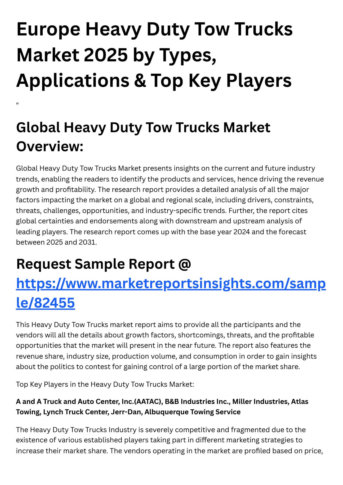 Europe Heavy Duty Tow Trucks Market 2025 by Types, Applications & Top ...