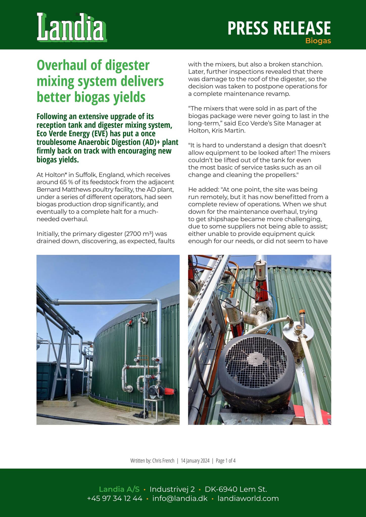 Overhaul of digester mixing system delivers better biogas yields by ...