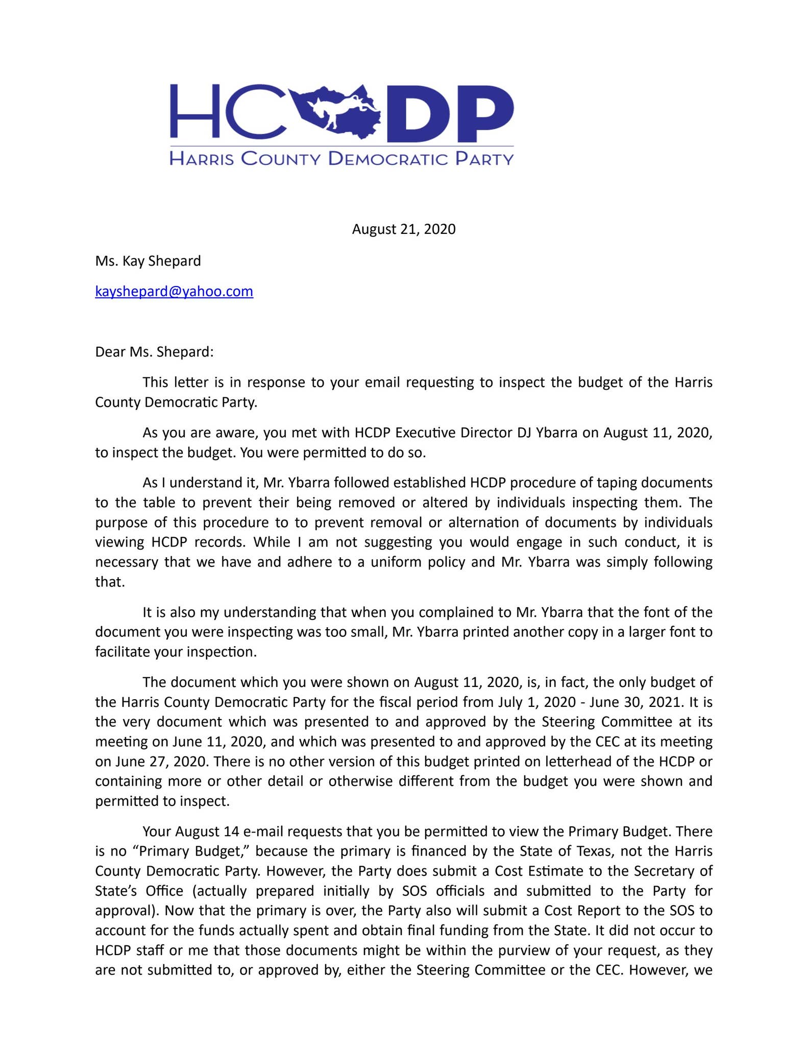 Letter to Kay Shepard from Lillie Schechter on August 21, 2020 by ...