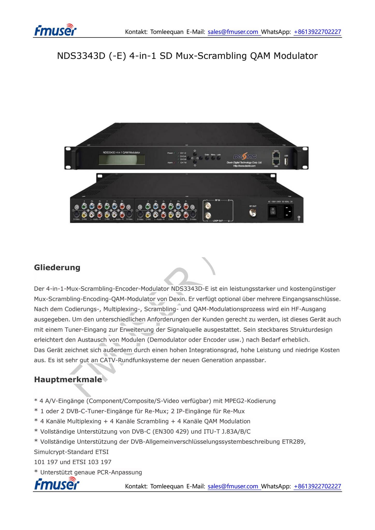 NDS3343D-E 4-in-1 SD Mux-Scrambling QAM Modulator by FMUSER Broadcast ...