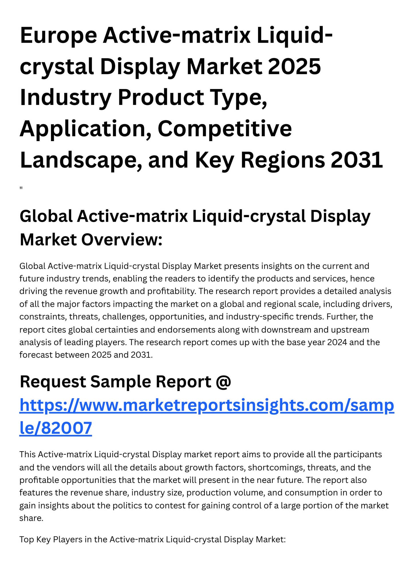 Europe Active-matrix Liquid-crystal Display Market 2025 Industry ...