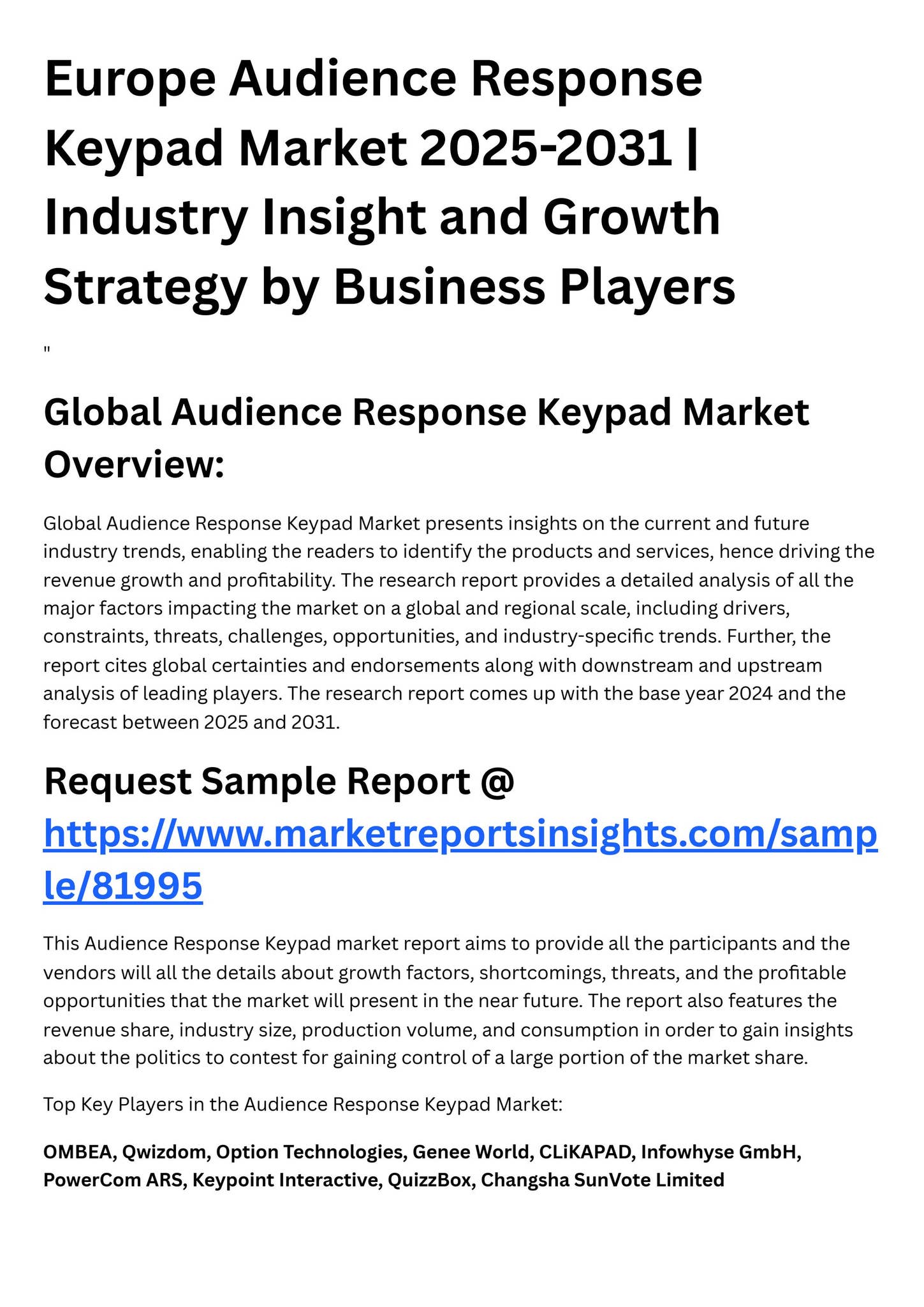 Europe Audience Response Keypad Market 2025-2031 Industry Insight and ...