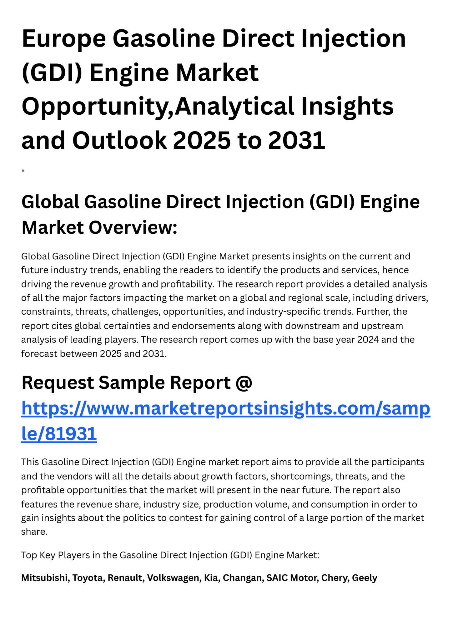 Europe Gasoline Direct Injection (GDI) Engine Market Opportunity ...