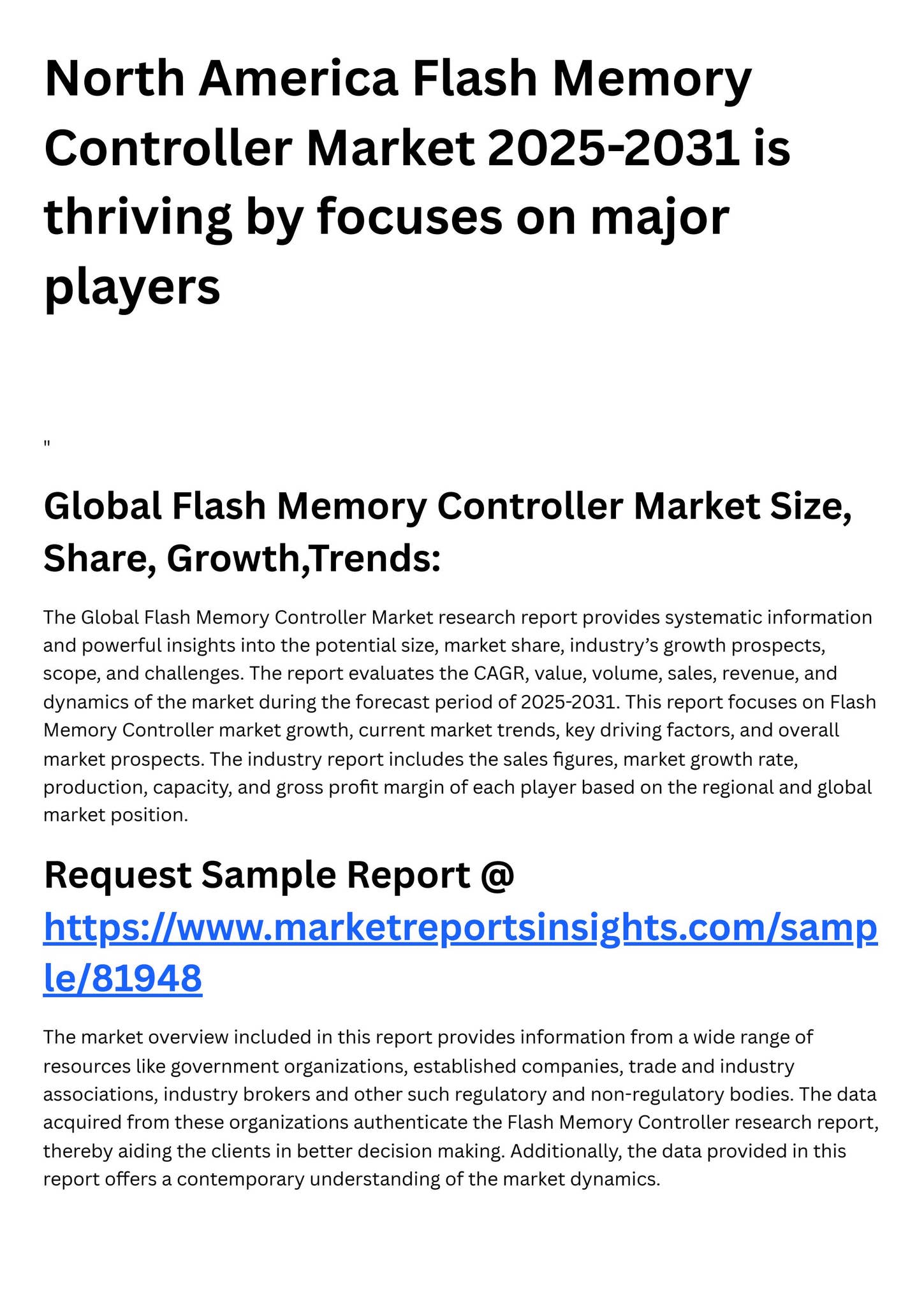 North America Flash Memory Controller Market 2025-2031 is thriving by ...