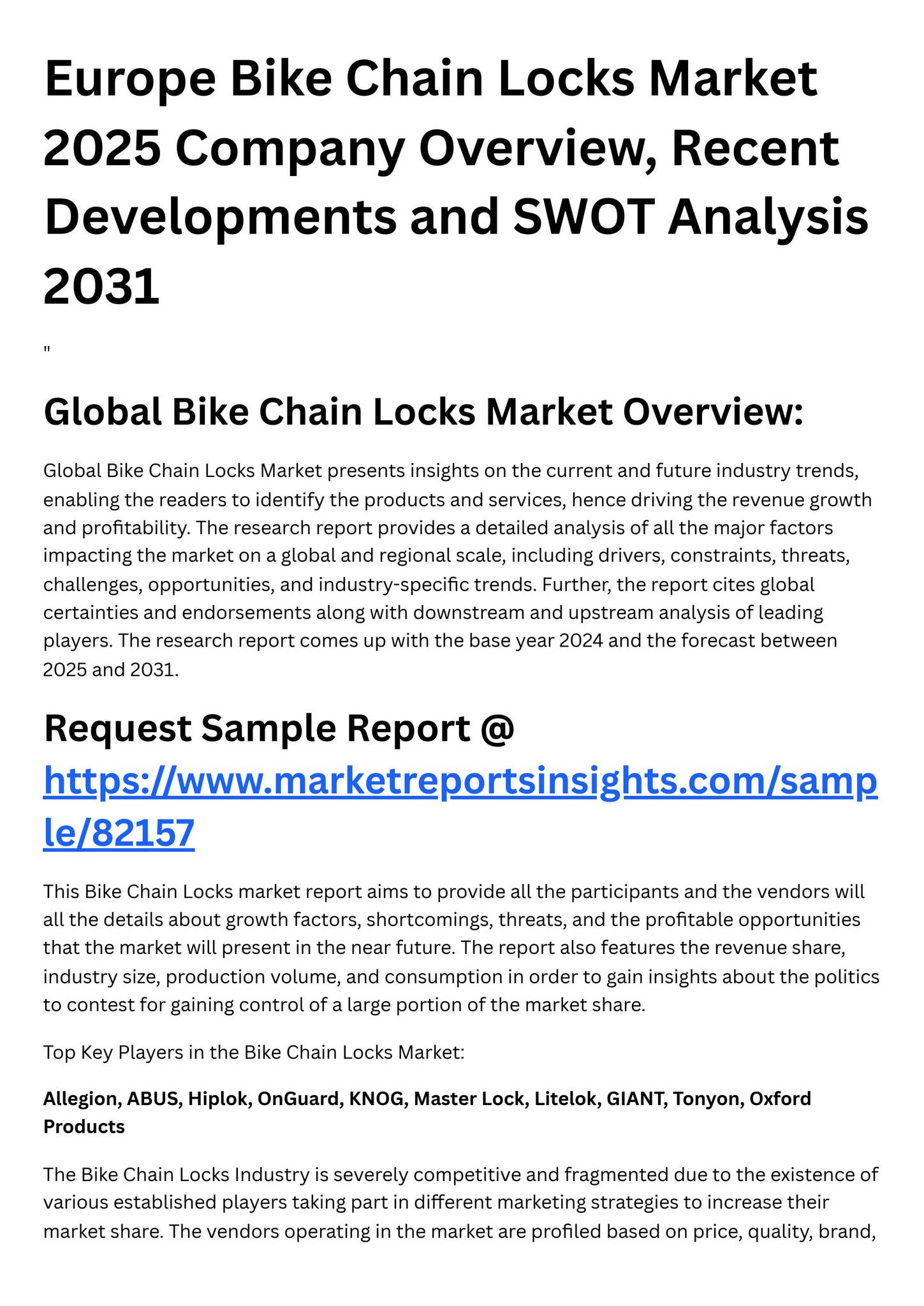 Europe Bike Chain Locks Market 2025 Company Overview, Recent ...
