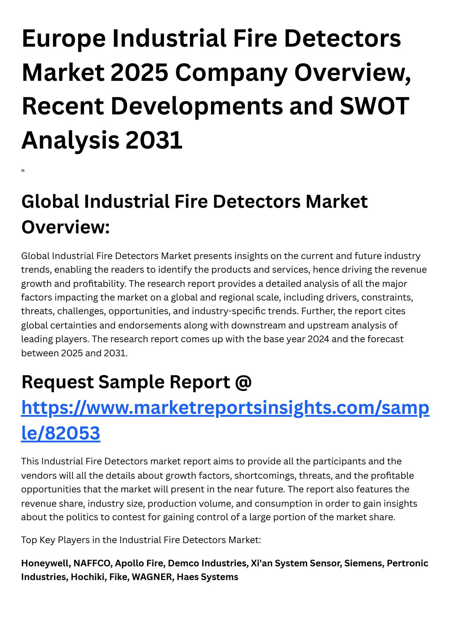 Europe Industrial Fire Detectors Market 2025 Company Overview, Recent ...