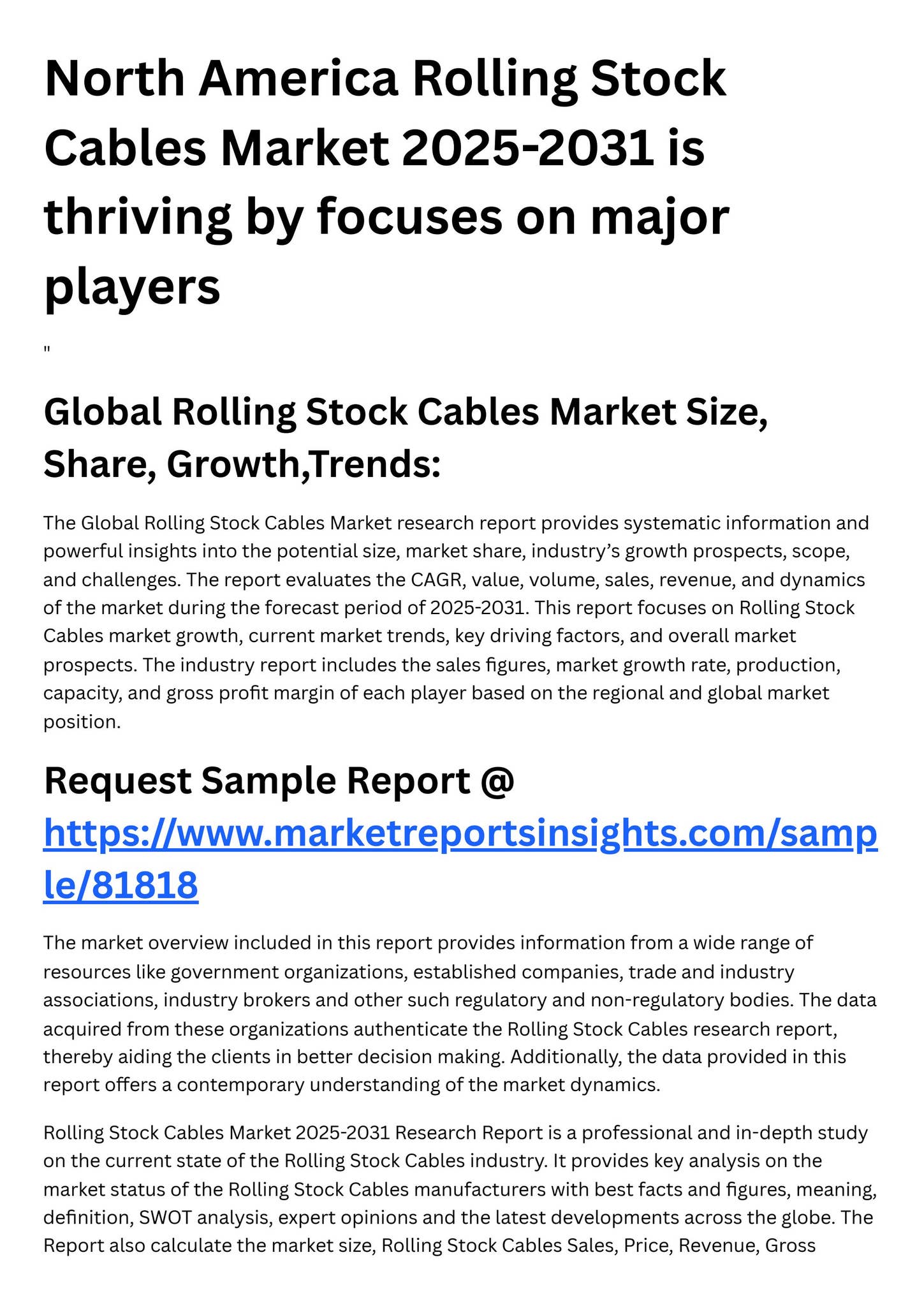 North America Rolling Stock Cables Market 2025-2031 is thriving by ...