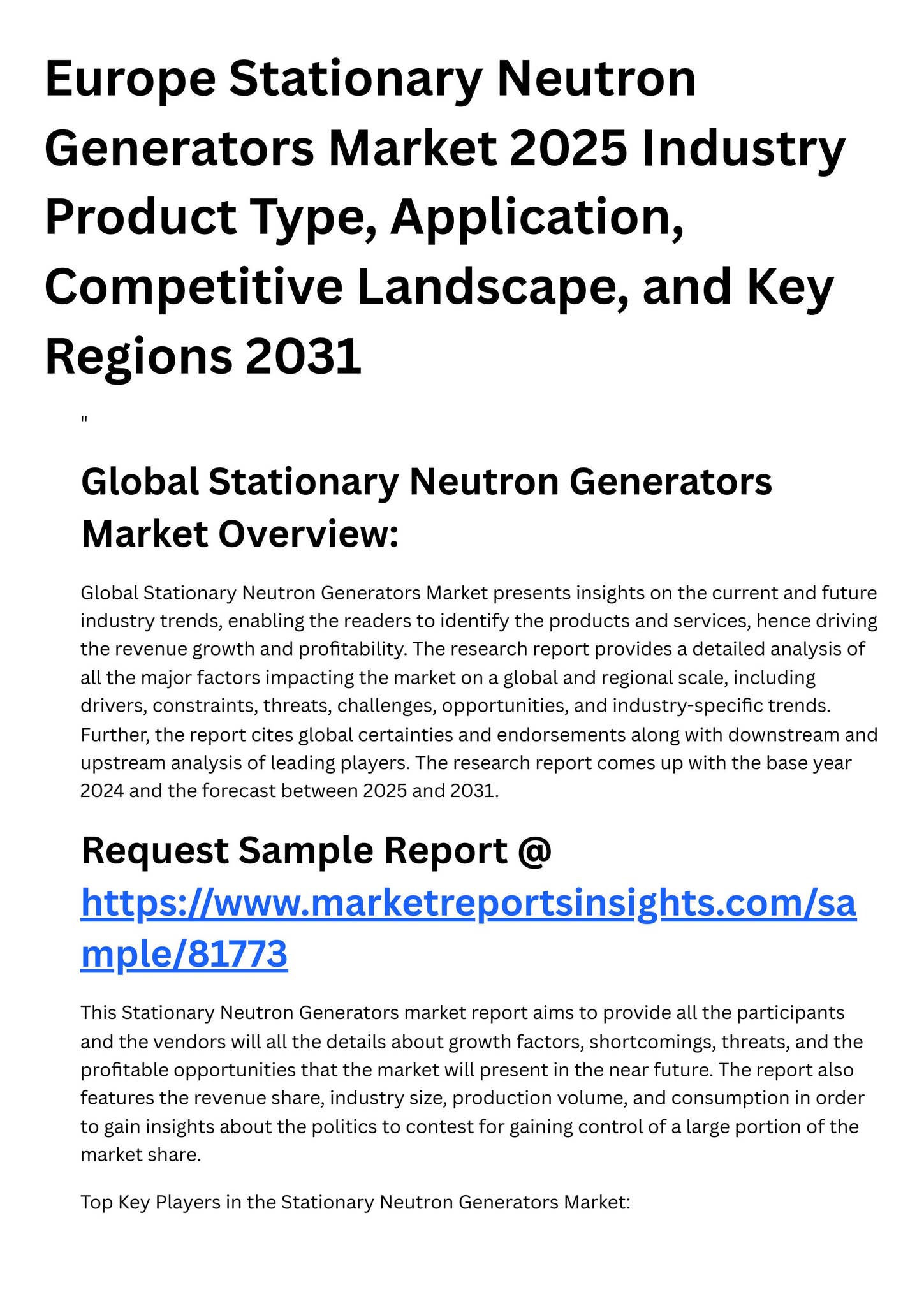 Europe Stationary Neutron Generators Market 2025 Industry Product Type ...