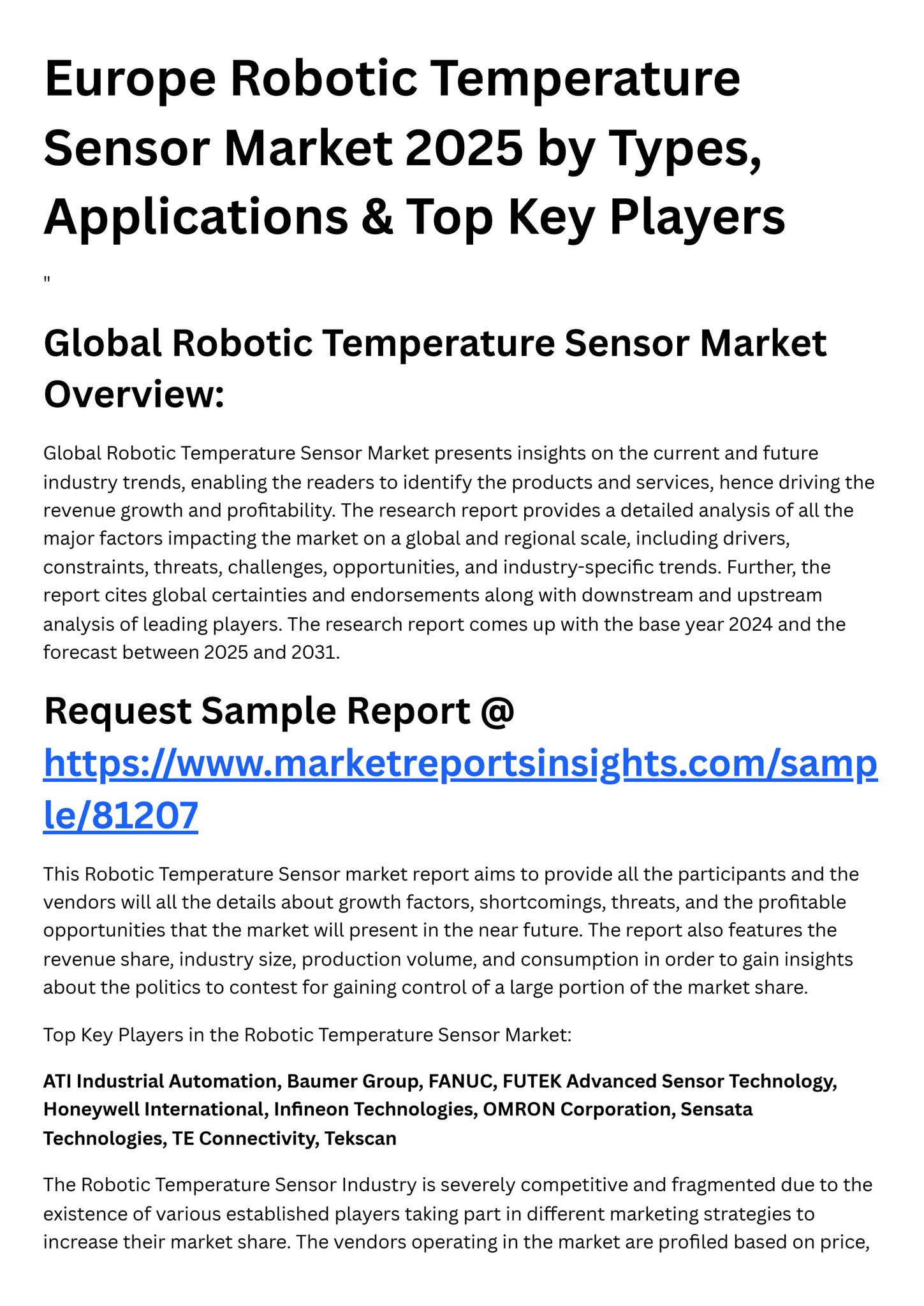Europe Robotic Temperature Sensor Market 2025 by Types, Applications ...