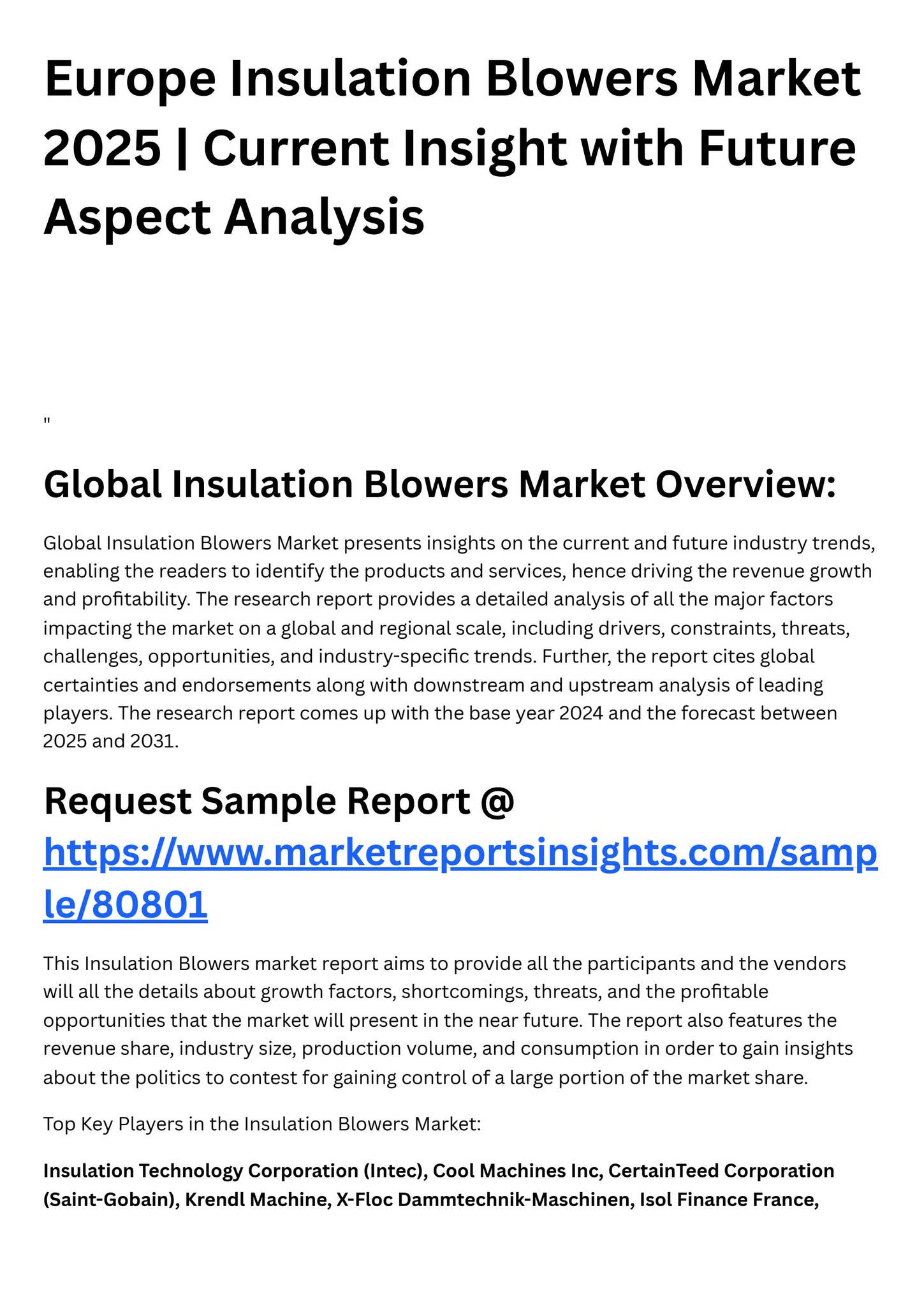 Europe Insulation Blowers Market 2025 Current Insight with Future ...