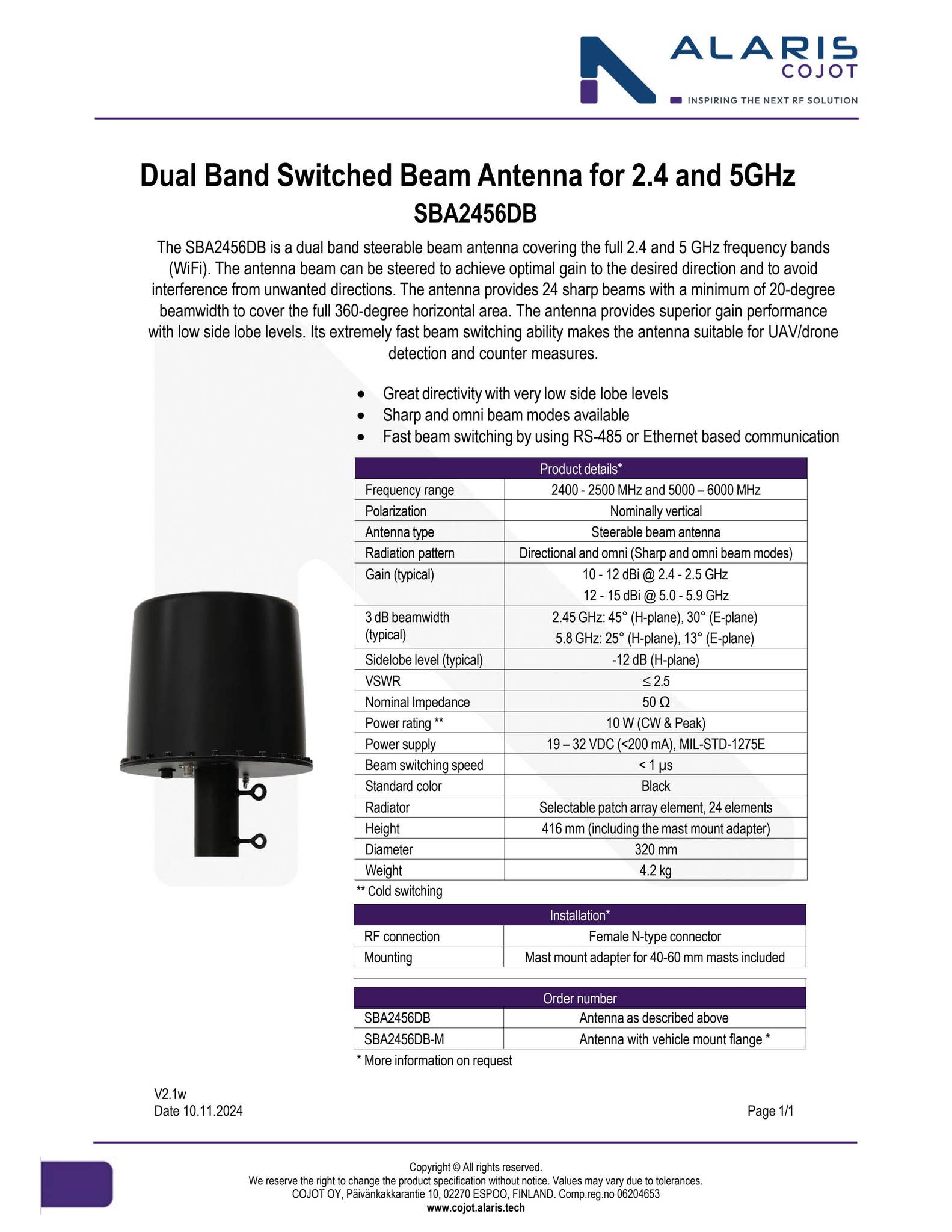 Alaris Cojot SBA2456DB Dual Band Switched Beam Antenna for 2.4-5GHz by ...