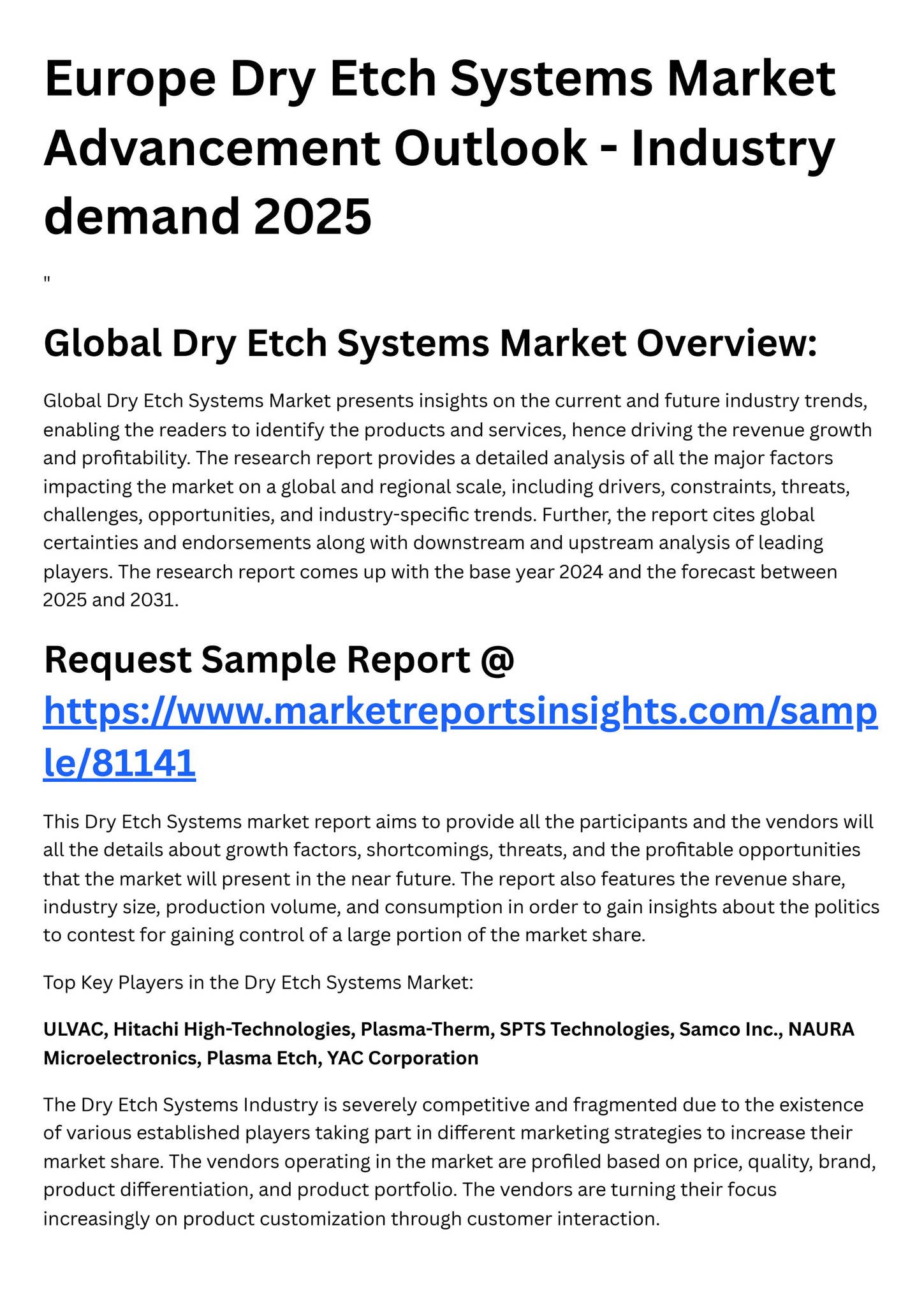 Europe Dry Etch Systems Market Advancement Outlook - Industry demand ...