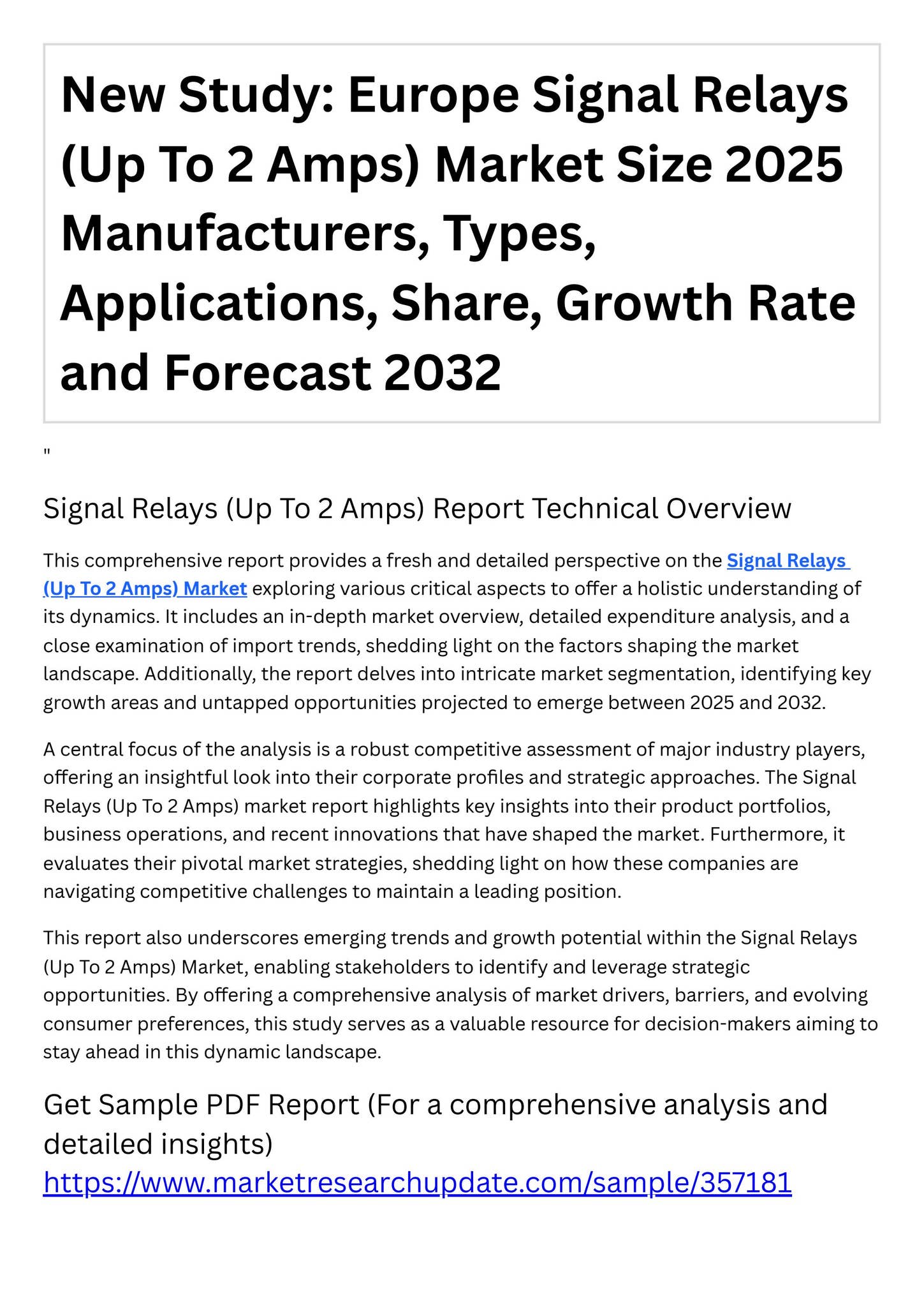 New Study: Europe Signal Relays (Up To 2 Amps) Market Size 2025 ...