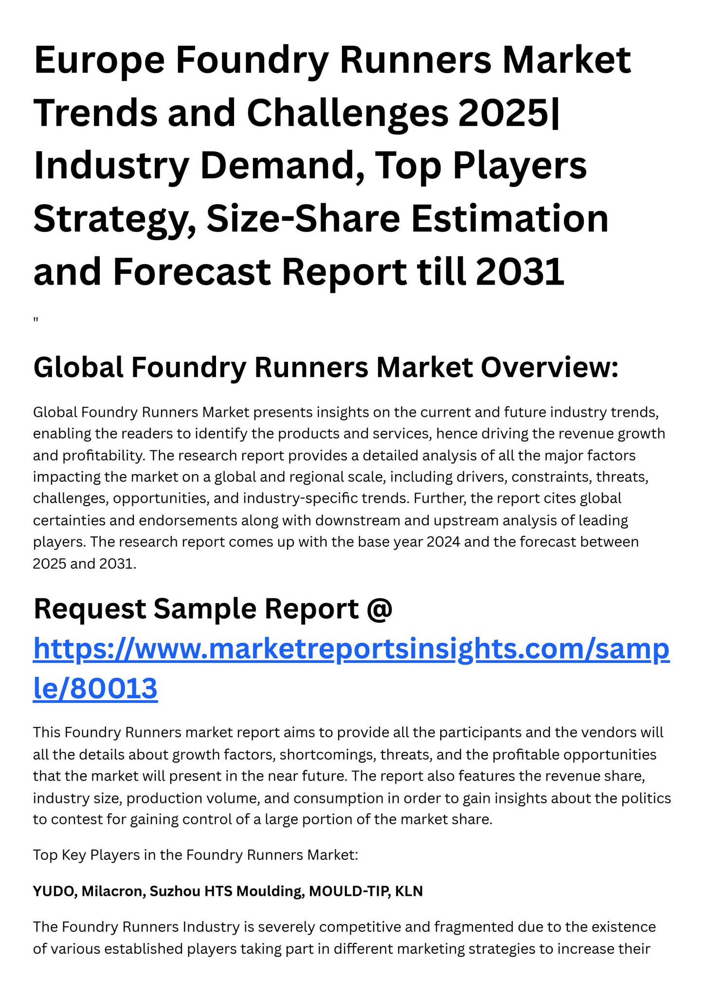 Europe Foundry Runners Market Trends and Challenges 2025 Industry ...