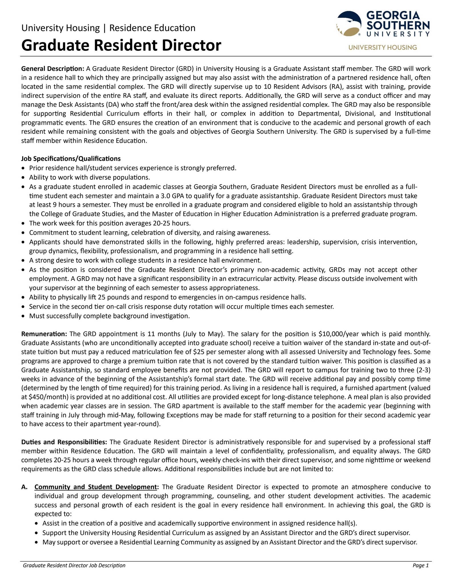 University Housing - Graduate Resident Director - Savannah and ...
