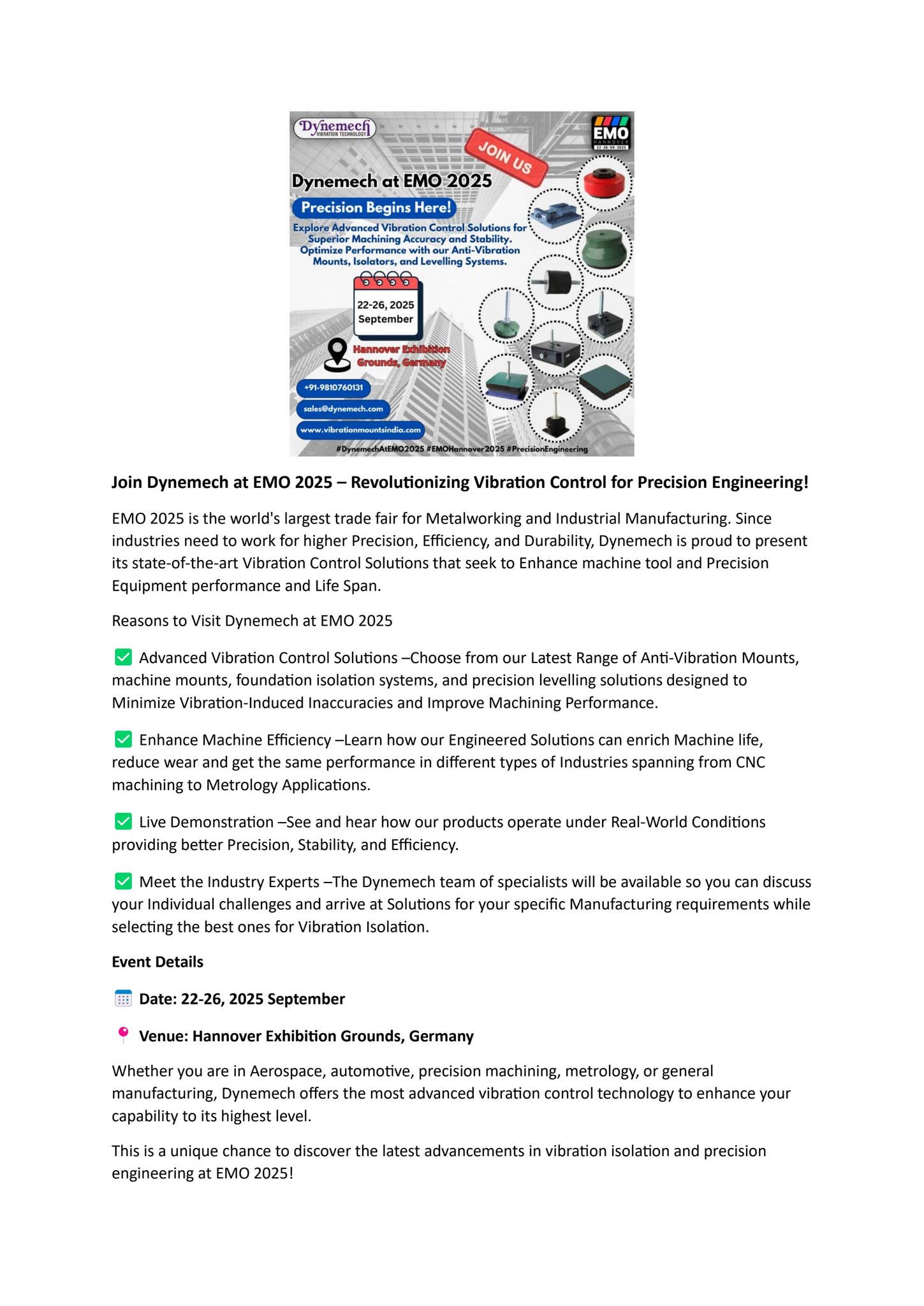 Join Dynemech at EMO 2025 – Revolutionizing Vibration Control for ...