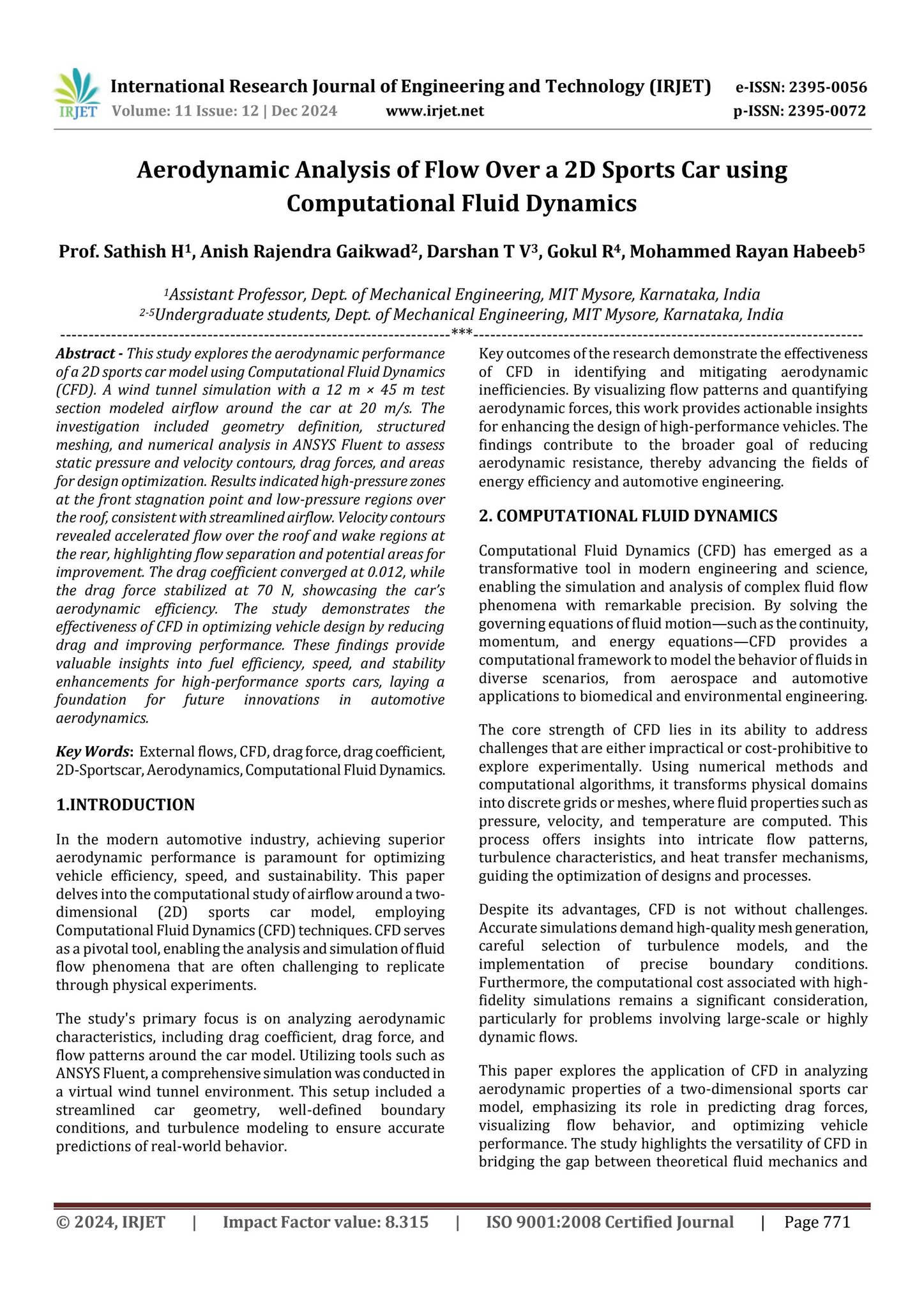 Aerodynamic Analysis of Flow Over a 2D Sports Car using Computational ...