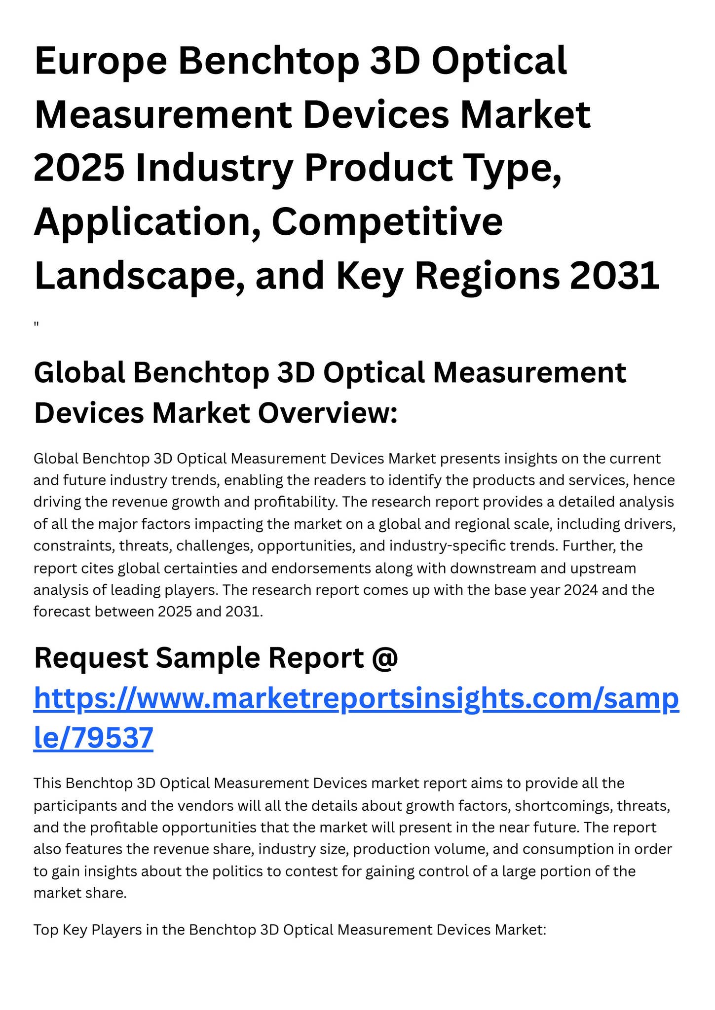 Europe Benchtop 3D Optical Measurement Devices Market 2025 Industry ...