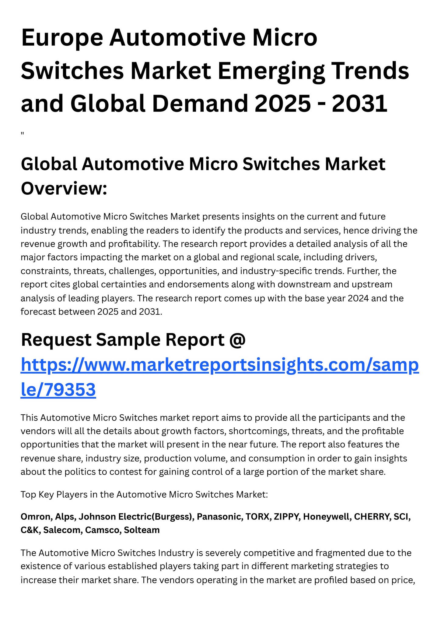 Europe Automotive Micro Switches Market Emerging Trends and Global ...