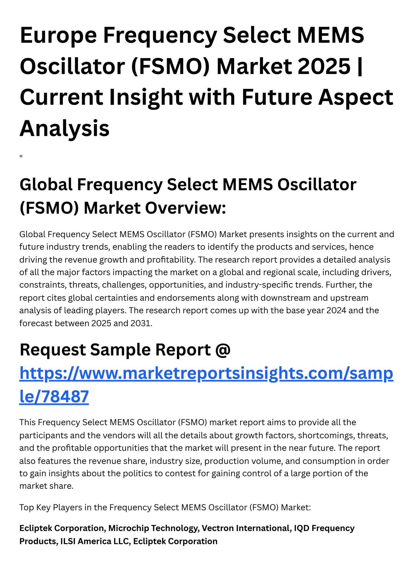 Europe Frequency Select MEMS Oscillator (FSMO) Market 2025 Current ...