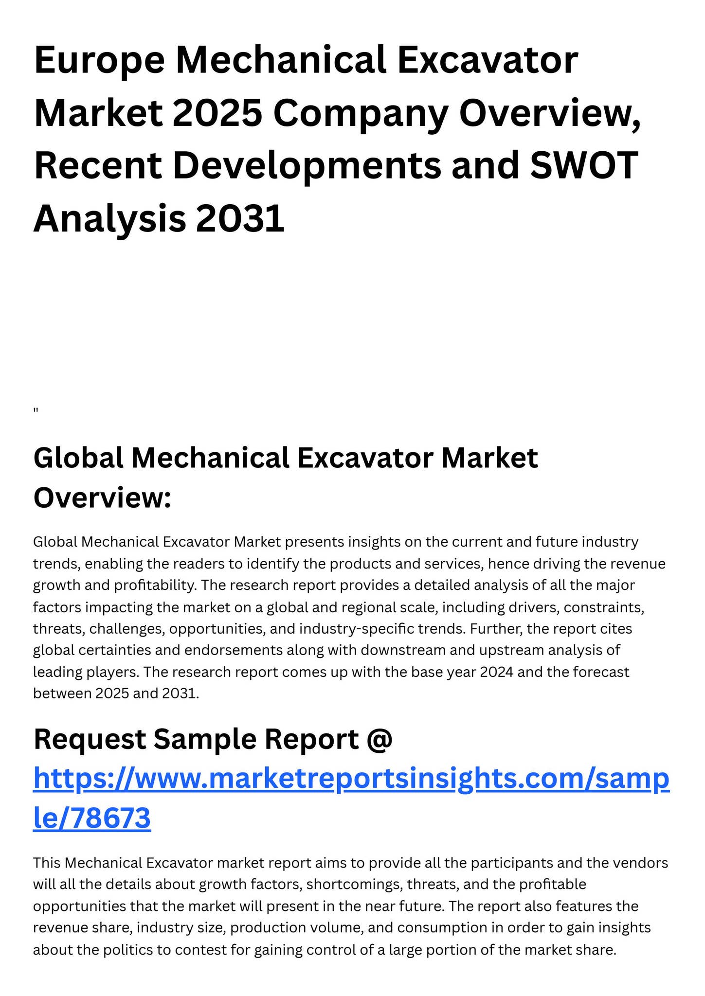 Europe Mechanical Excavator Market 2025 Company Overview, Recent ...