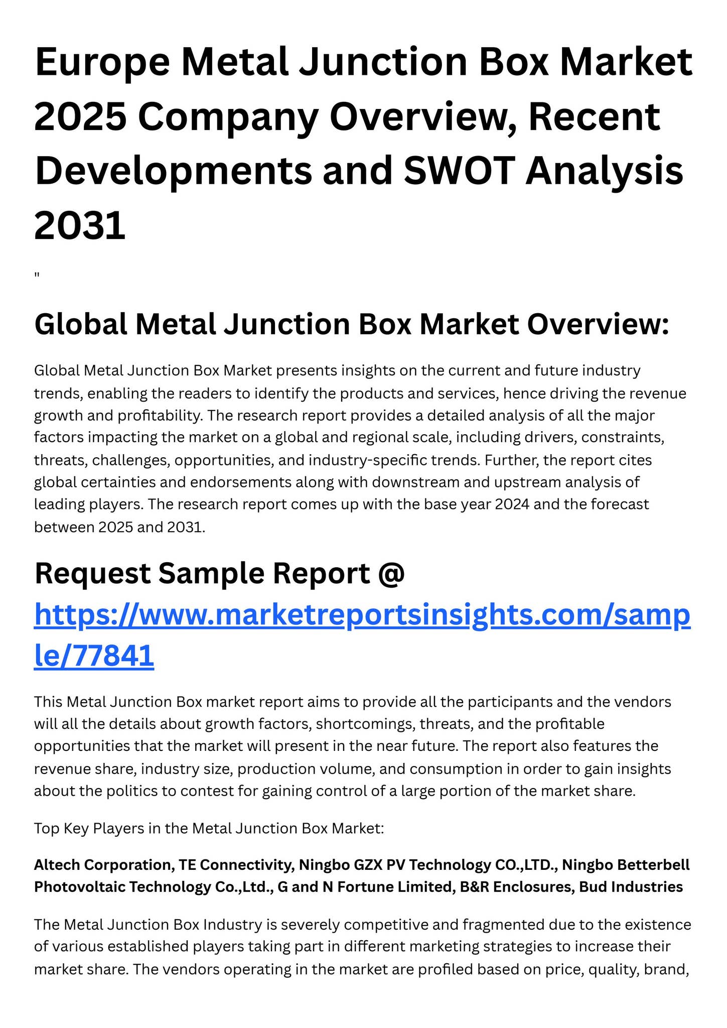 Europe Metal Junction Box Market 2025 Company Overview, Recent ...