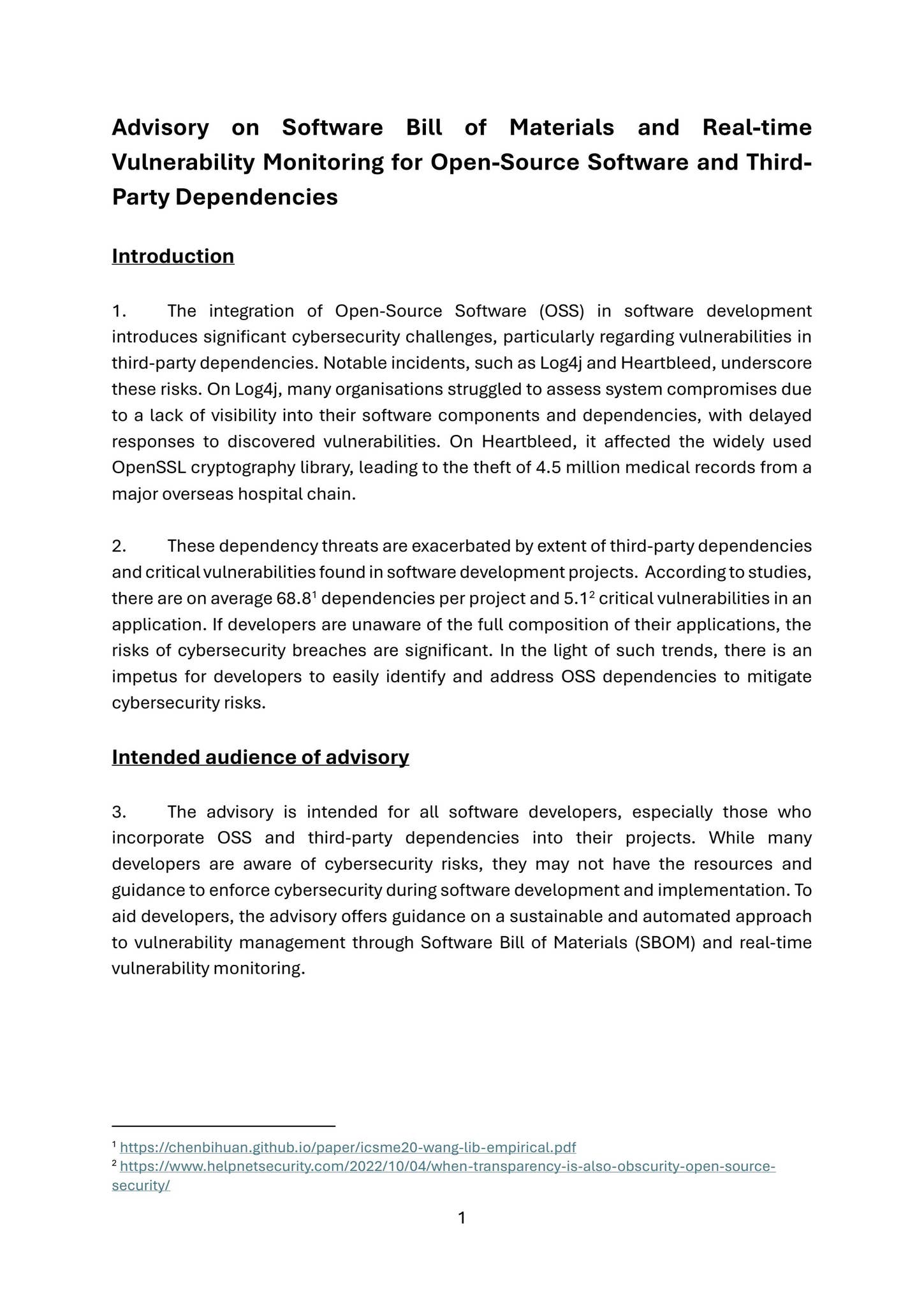 Advisory on Software Bill of Materials and Real-time Vulnerability Monitoring for OSS by Cyber ...