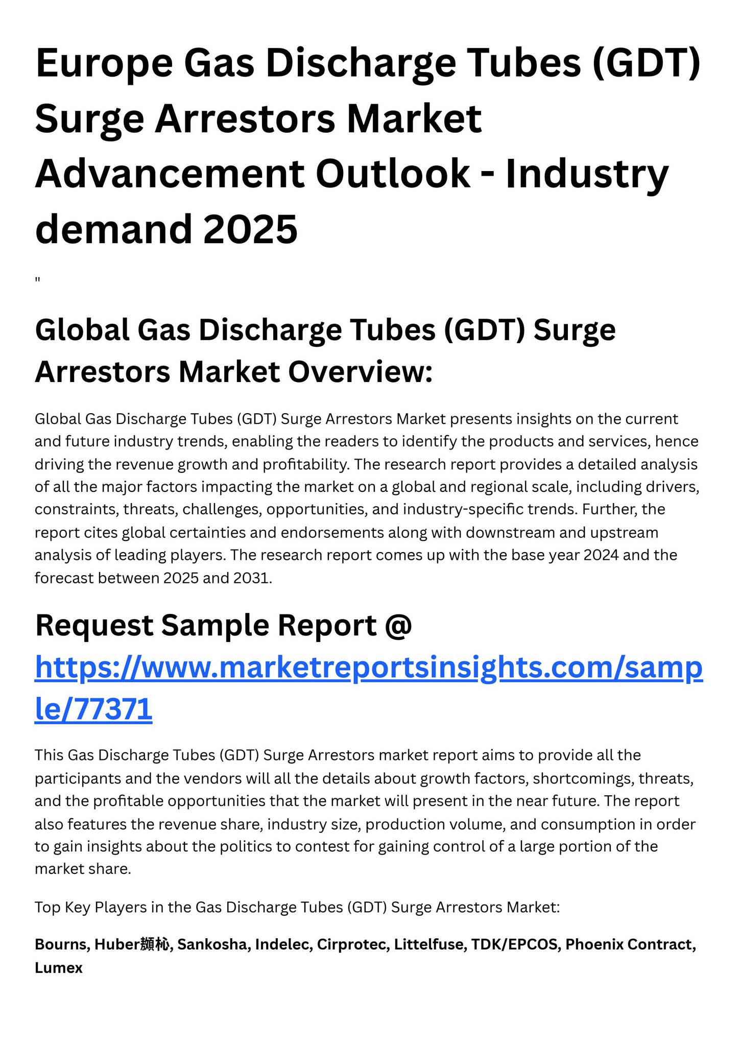 Europe Gas Discharge Tubes (GDT) Surge Arrestors Market Advancement ...