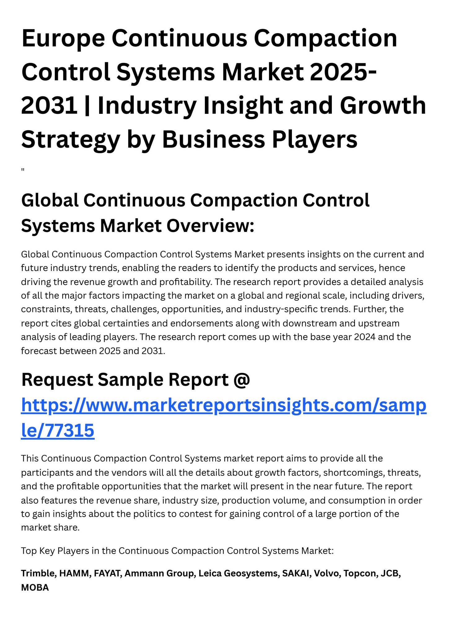 Europe Continuous Compaction Control Systems Market 2025 2031 Industry Insight And Growth
