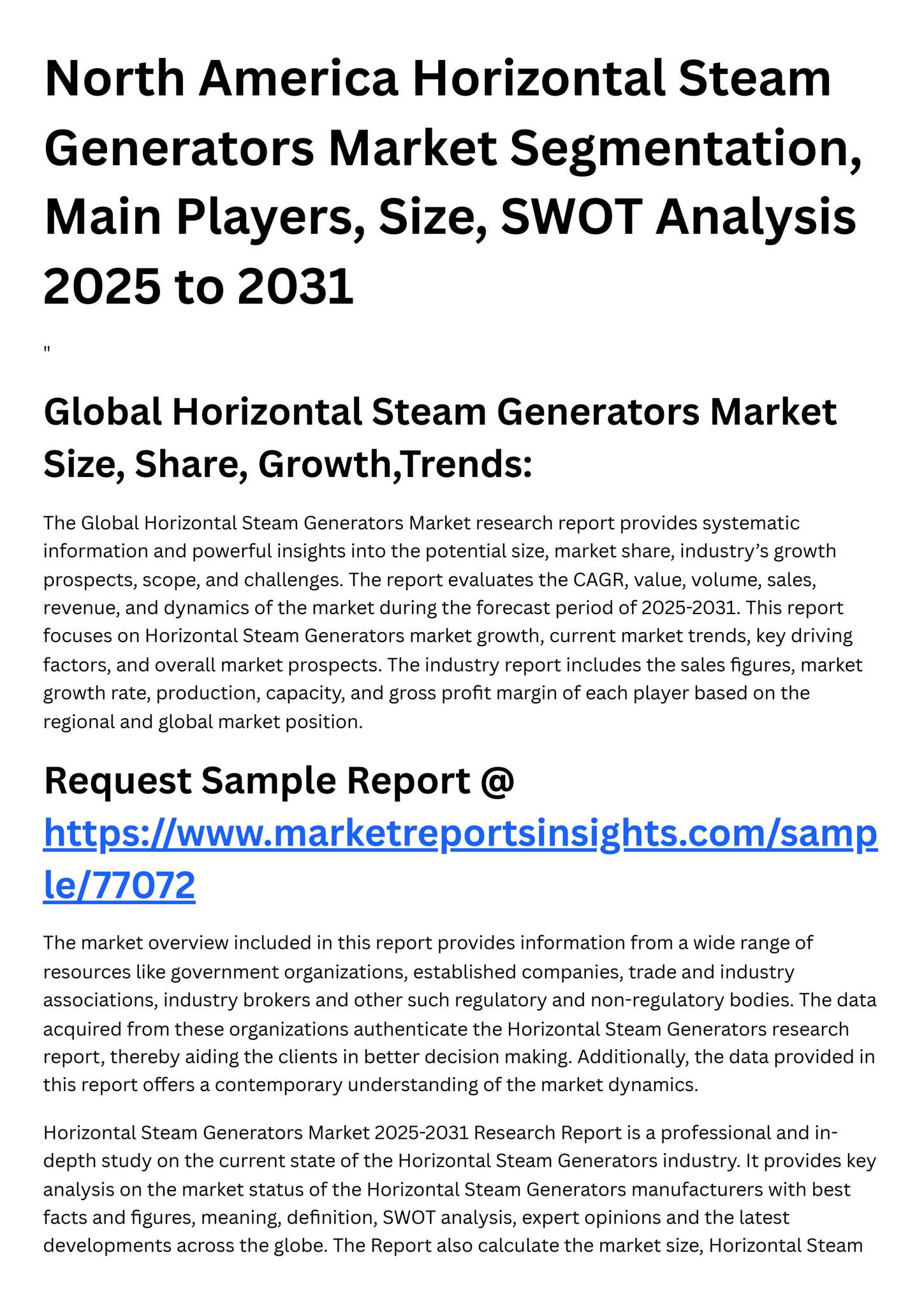 North America Horizontal Steam Generators Market Segmentation, Main ...