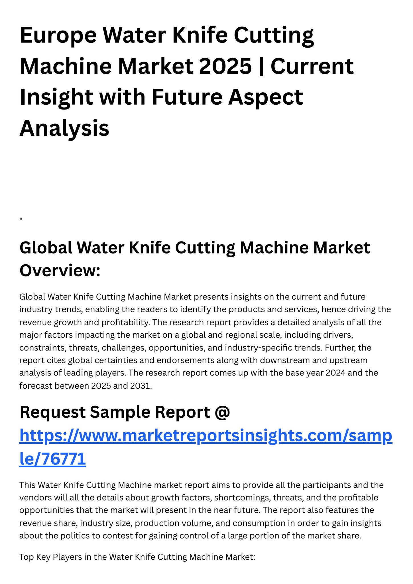 Europe Water Knife Cutting Machine Market 2025 Current Insight with ...