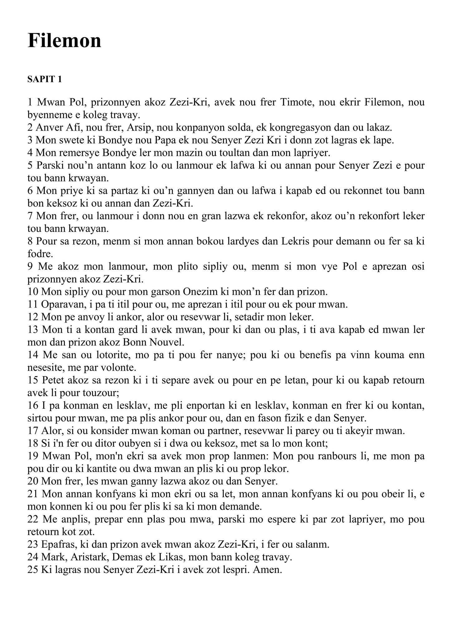 Mauritian Creole - The Epistle to Philemon by Filipino Tracts and ...