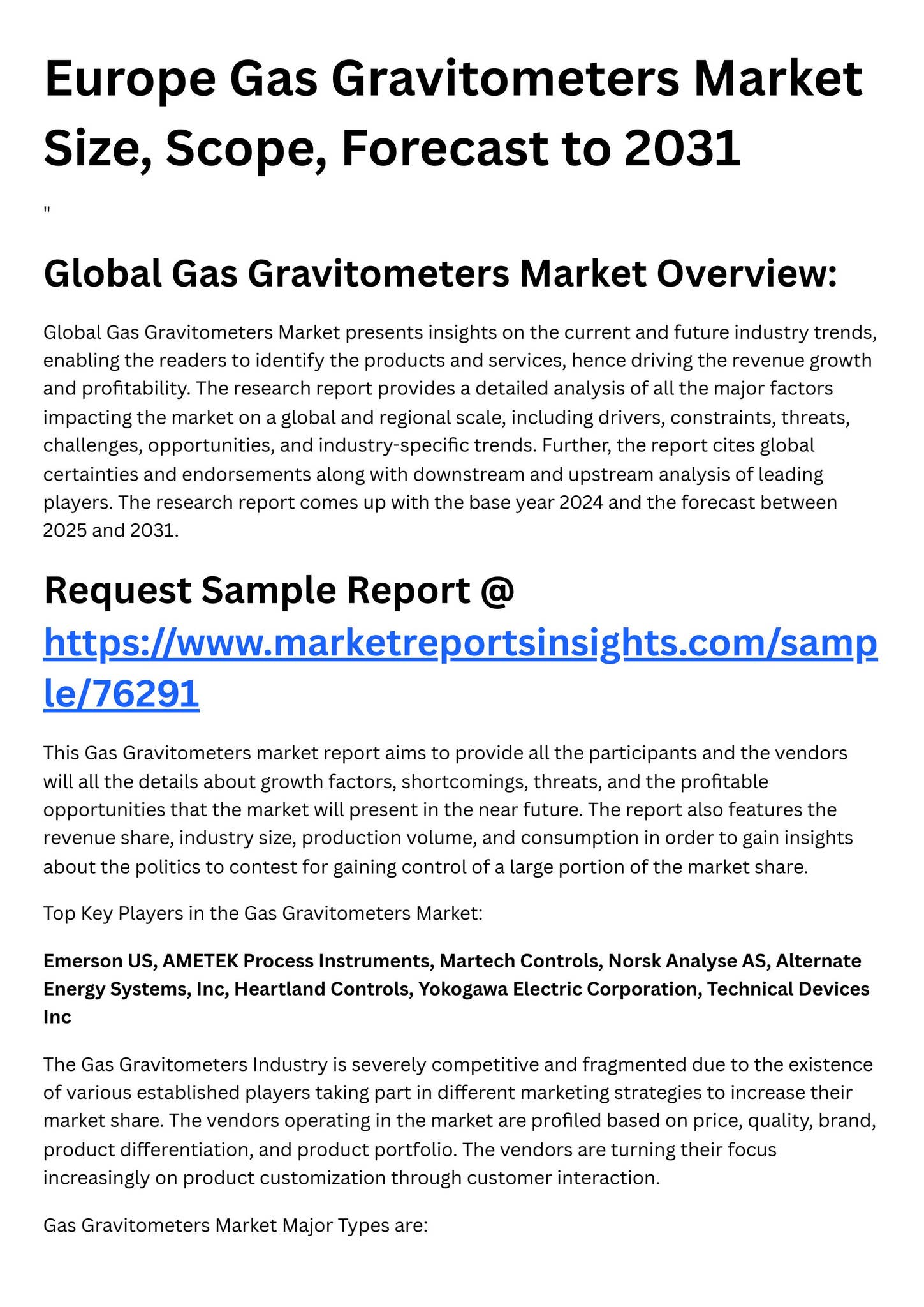 Europe Gas Gravitometers Market Size, Scope, Forecast to 2031 by ...