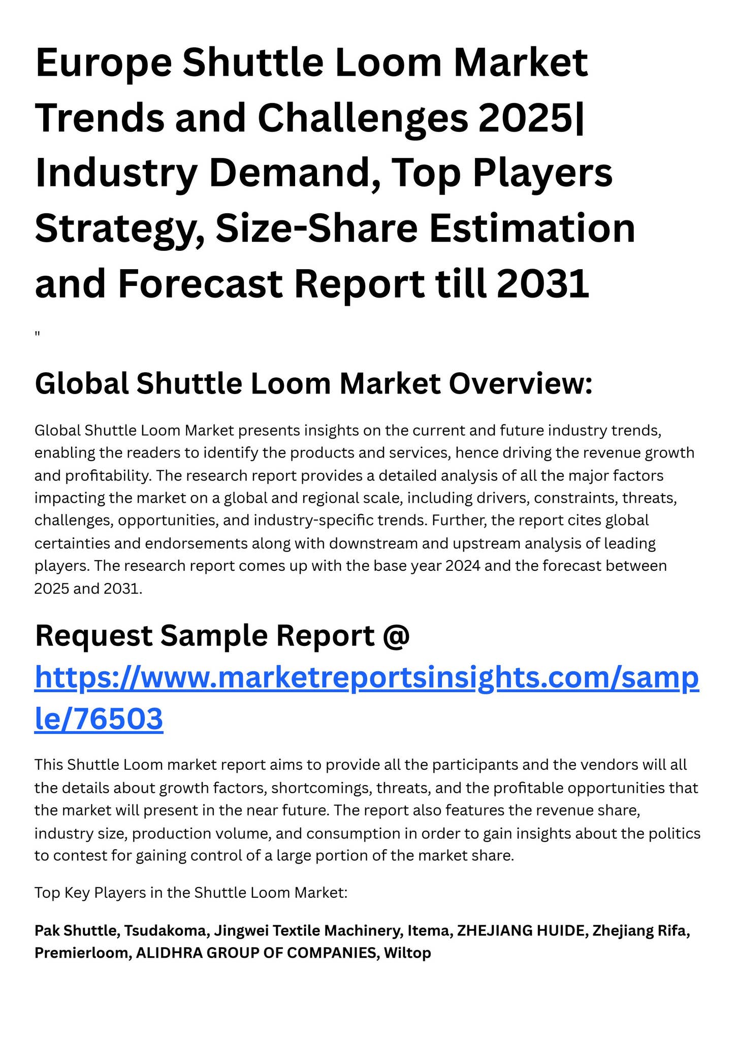 Europe Shuttle Loom Market Trends and Challenges 2025 Industry Demand ...