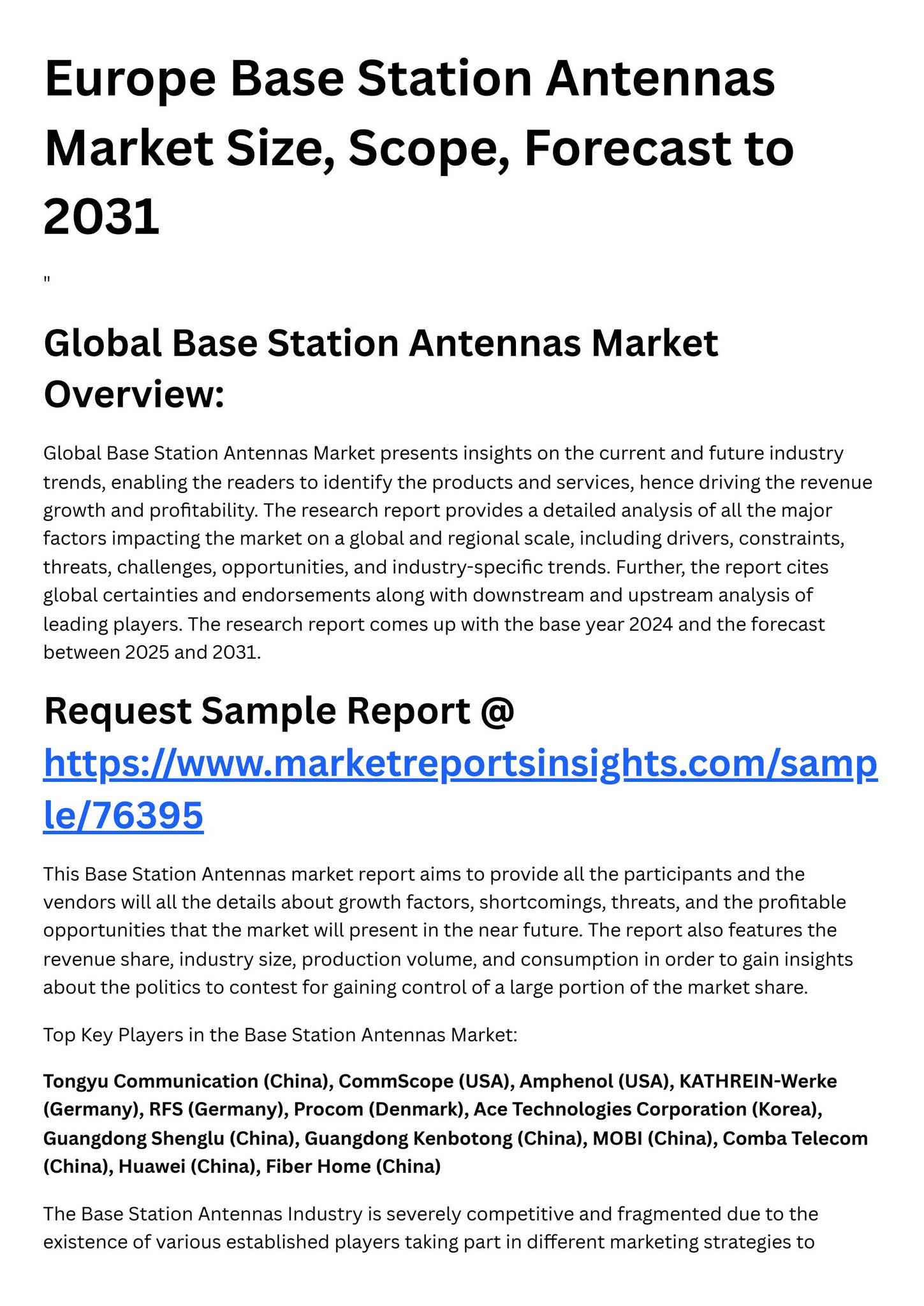 Europe Base Station Antennas Market Size, Scope, Forecast to 2031Europe Base Station Antennas ...