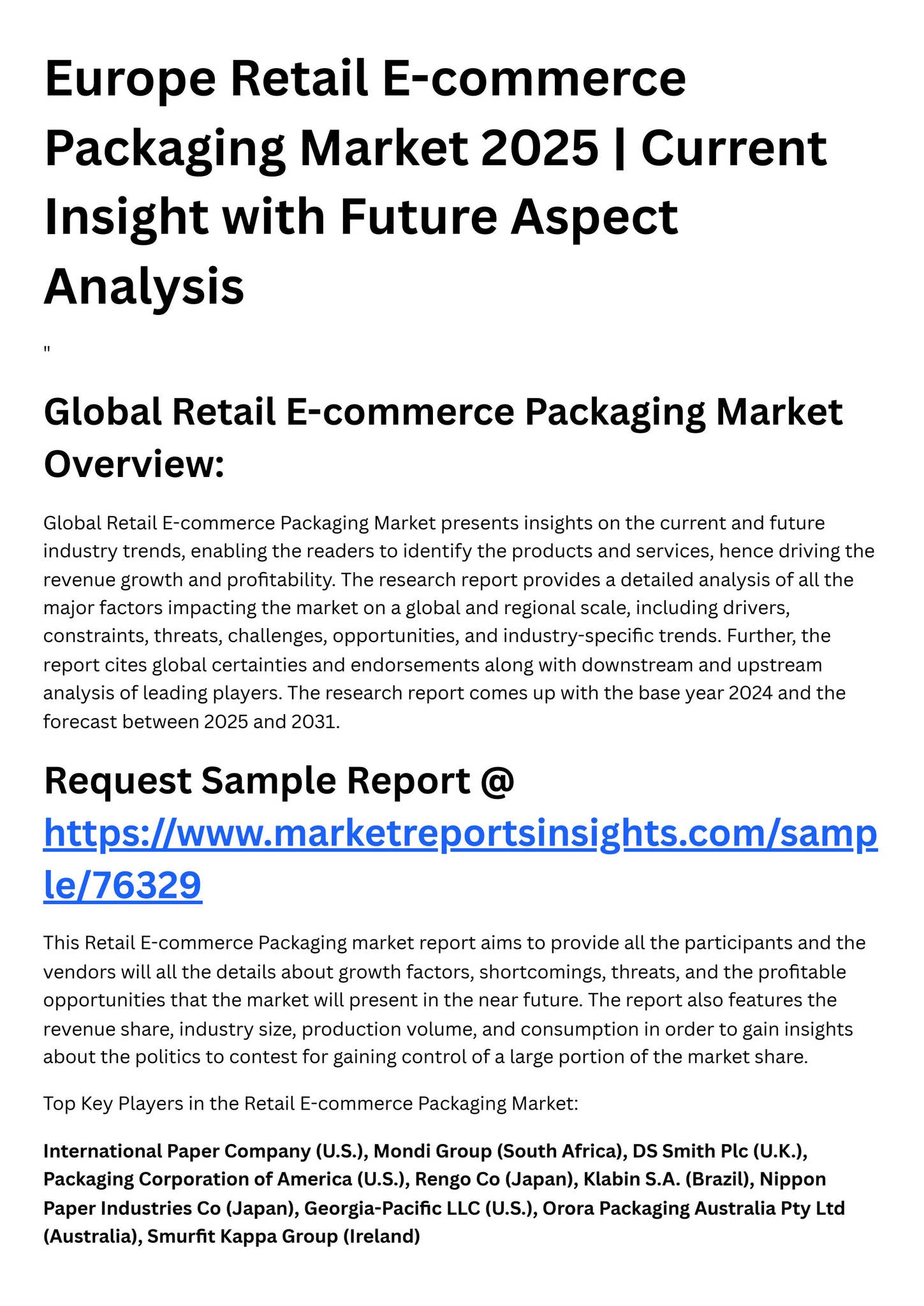 Europe Retail E-commerce Packaging Market 2025 Current Insight with ...