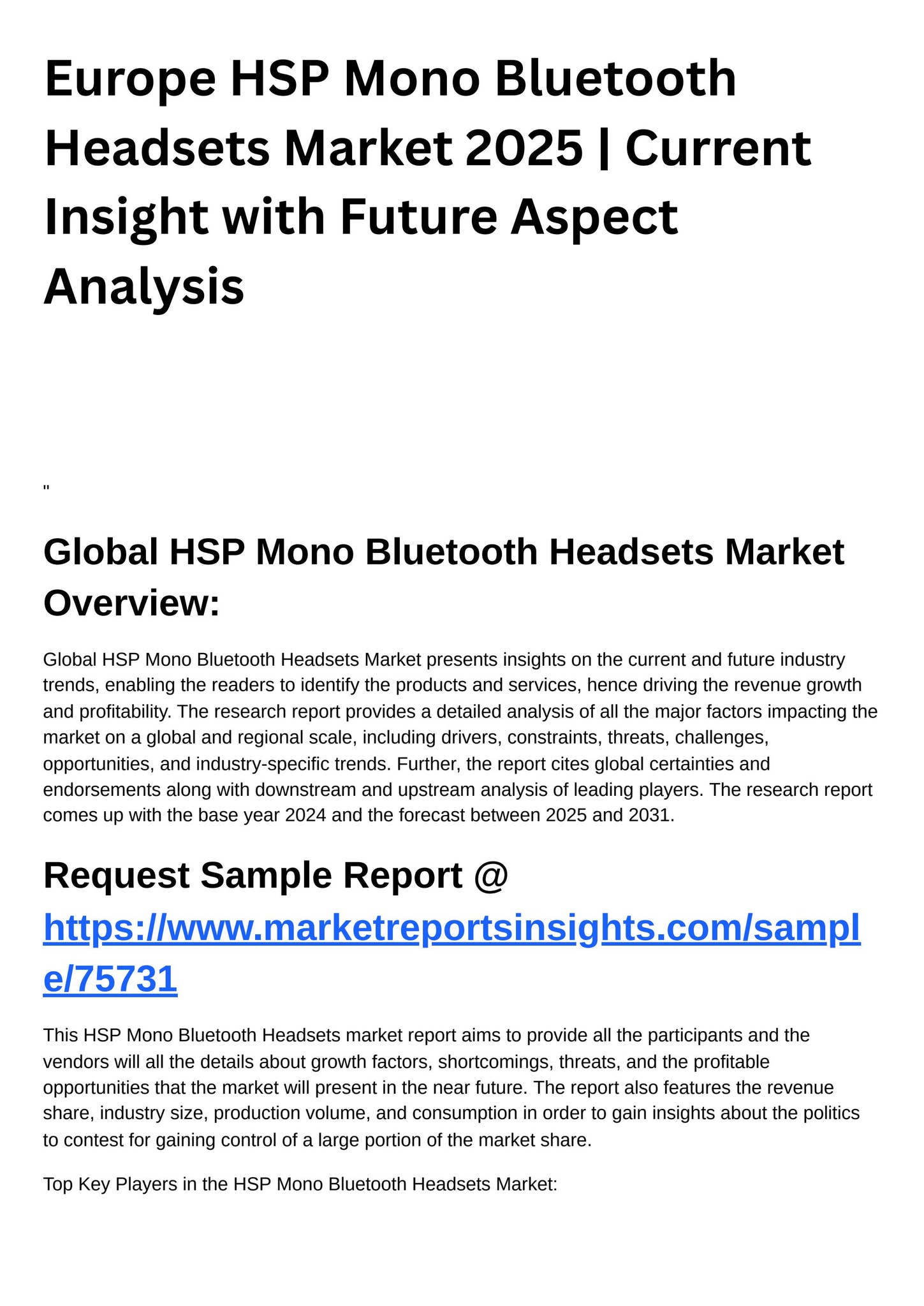 Europe HSP Mono Bluetooth Headsets Market 2025 Current Insight with ...