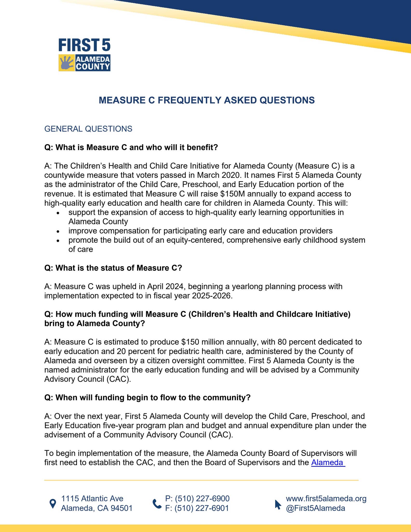 Measure C FAQ by first5alameda - Issuu