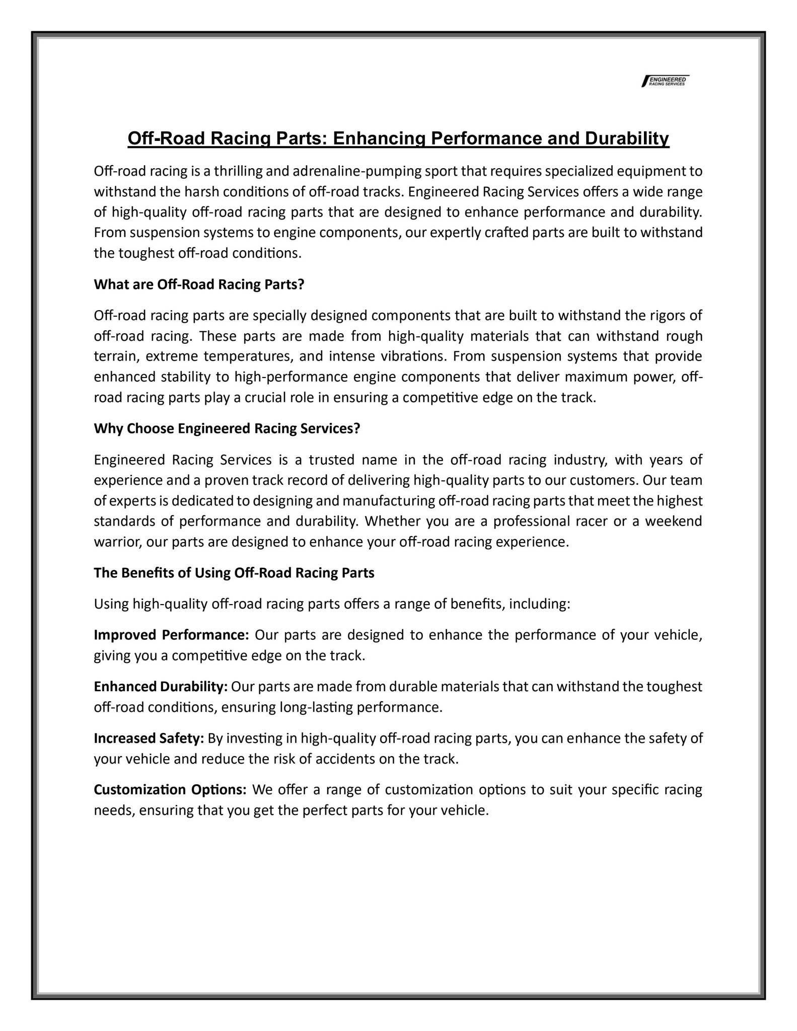 Off-Road Racing Parts: Enhancing Performance by Engineered Racing ...