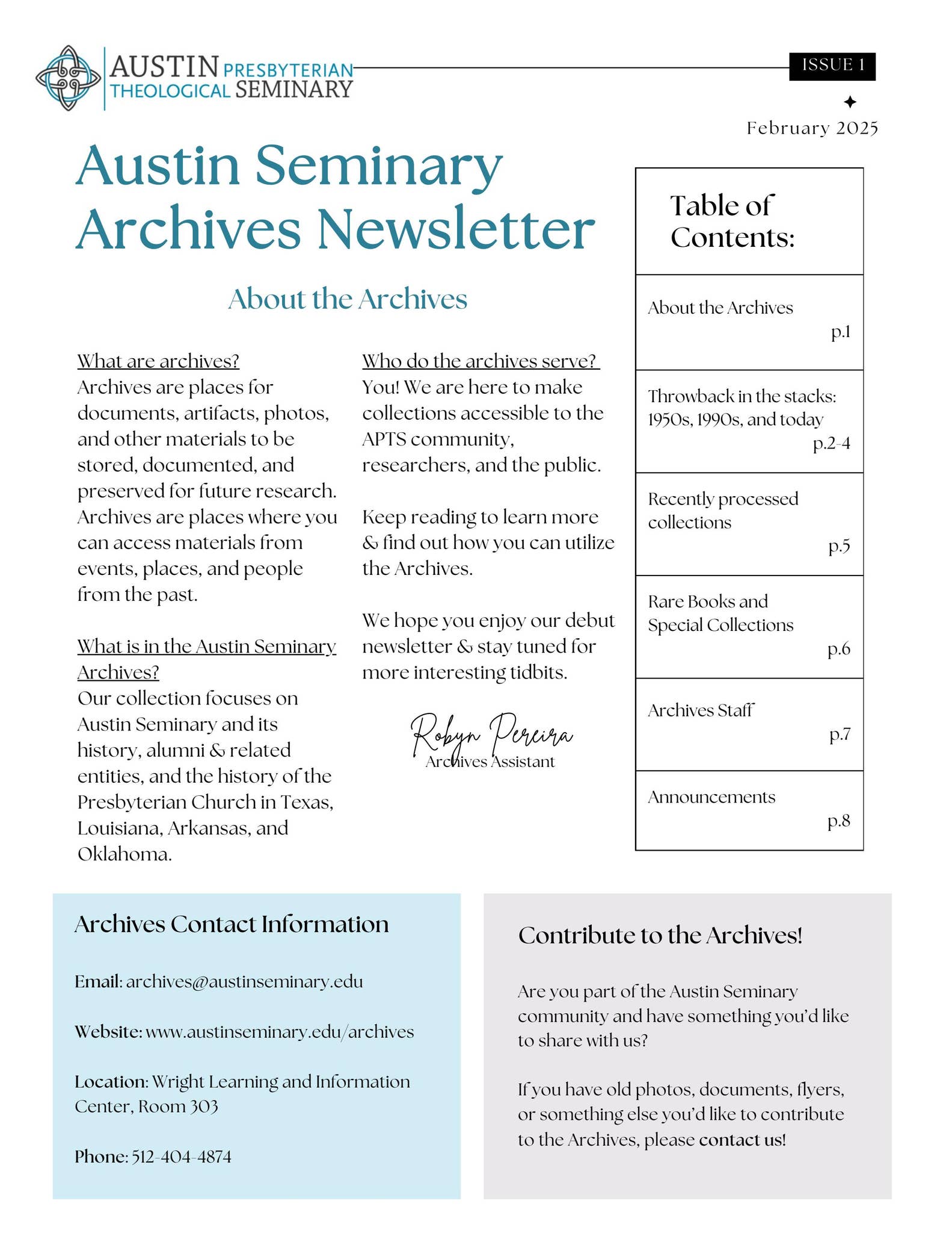 Austin Seminary Archives Newsletter | February 2025 | Issue No. 1 by ...