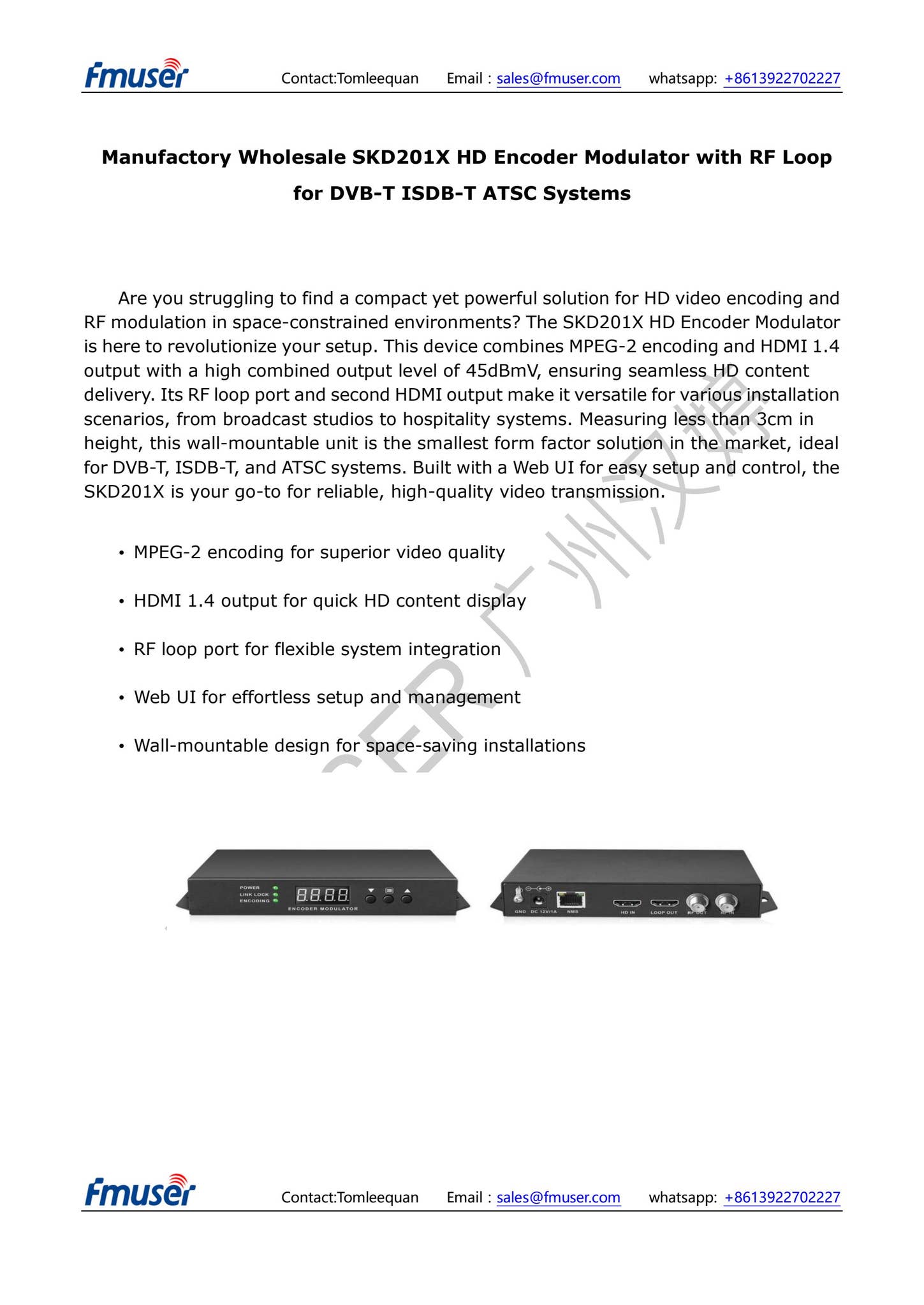 Encoder Modulator with HD and RF Loop by FMUSER Broadcast - Issuu