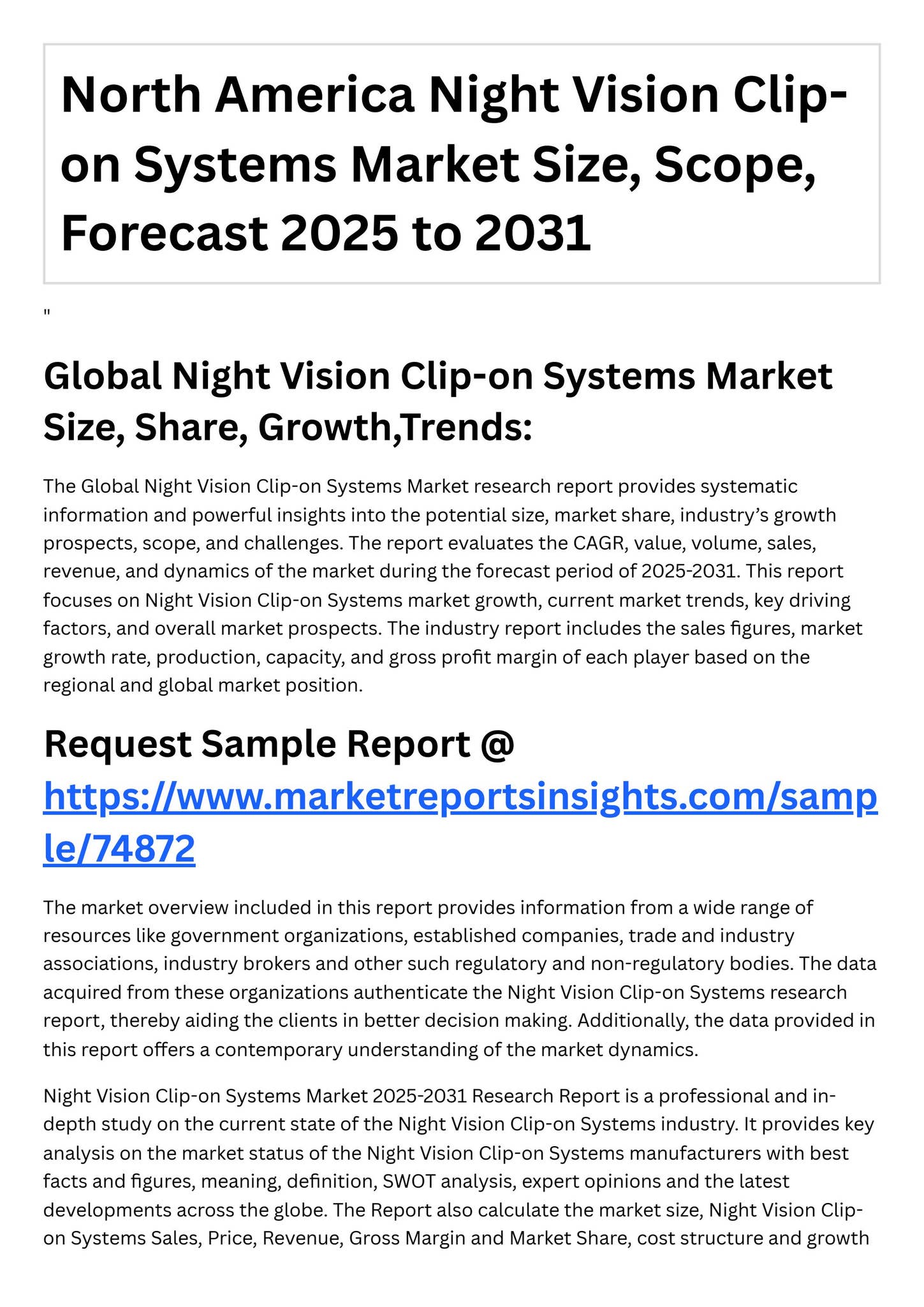 North America Night Vision Clip-on Systems Market Size, Scope, Forecast ...
