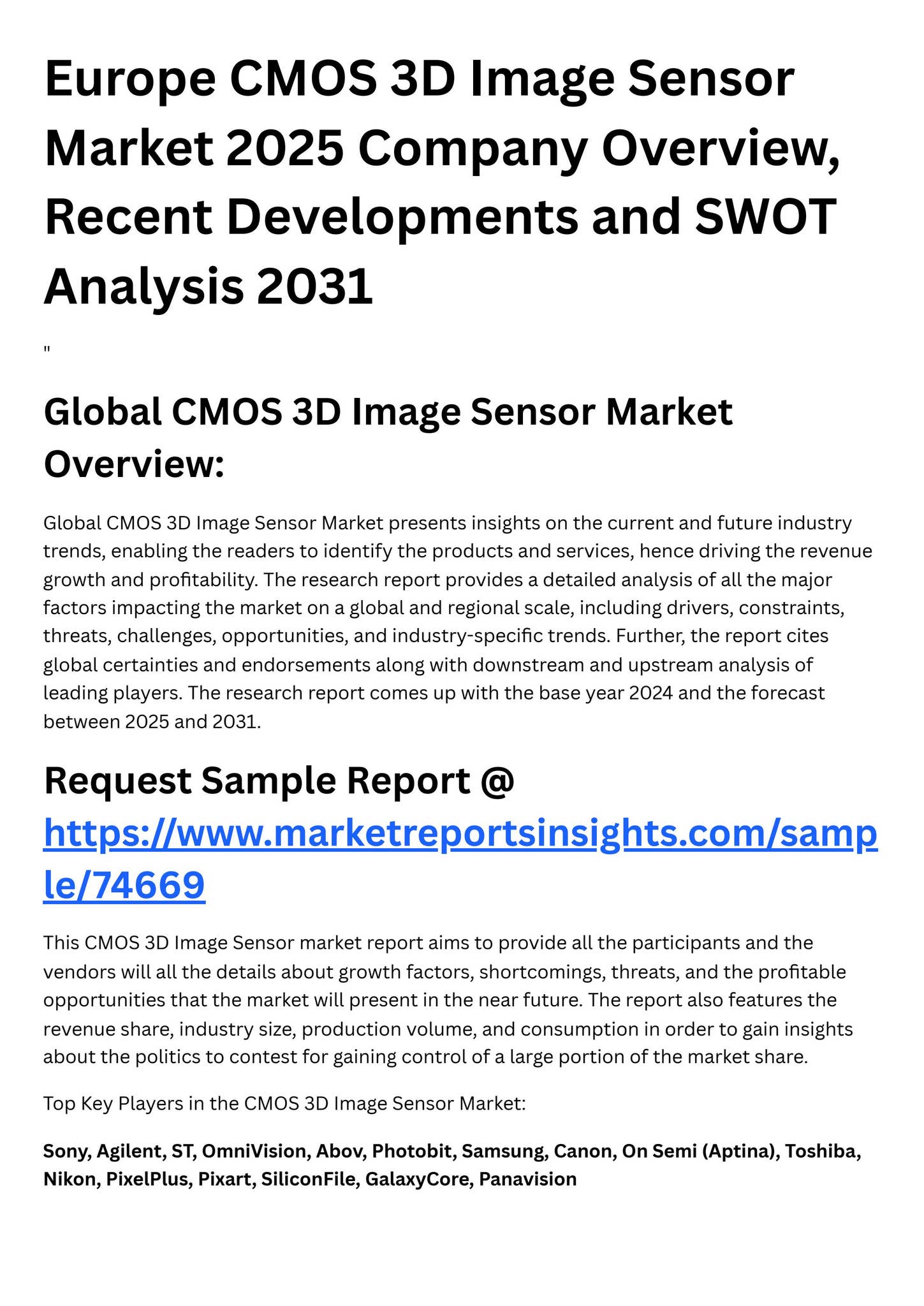 Europe CMOS 3D Image Sensor Market 2025 Company Overview, Recent ...
