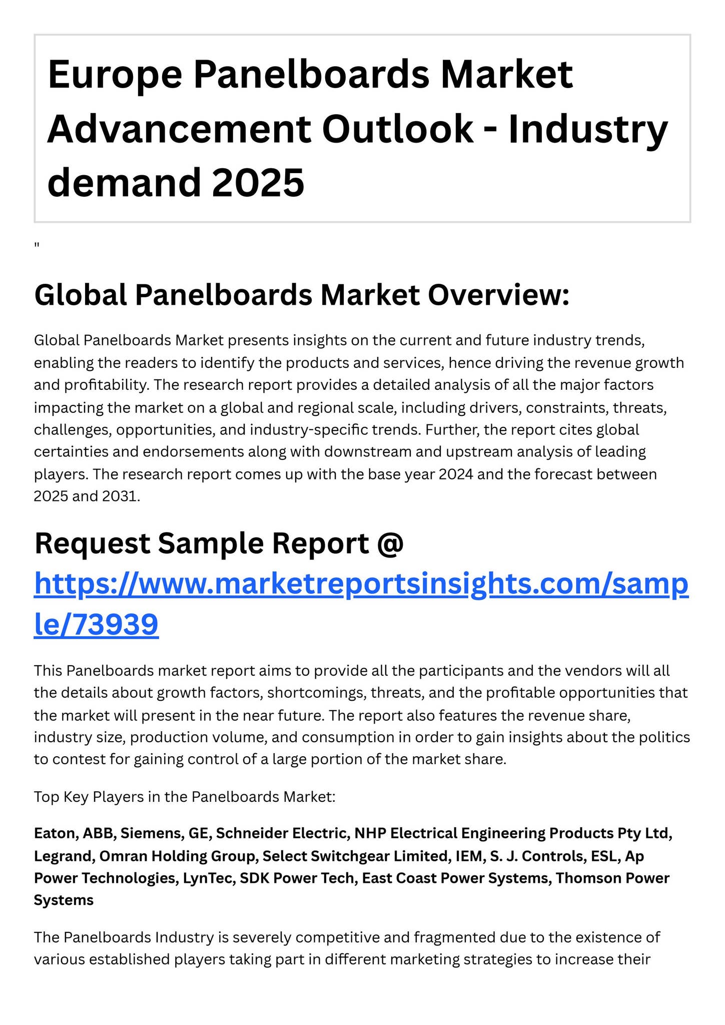 Europe Panelboards Market Advancement Outlook - Industry demand 2025 by ...