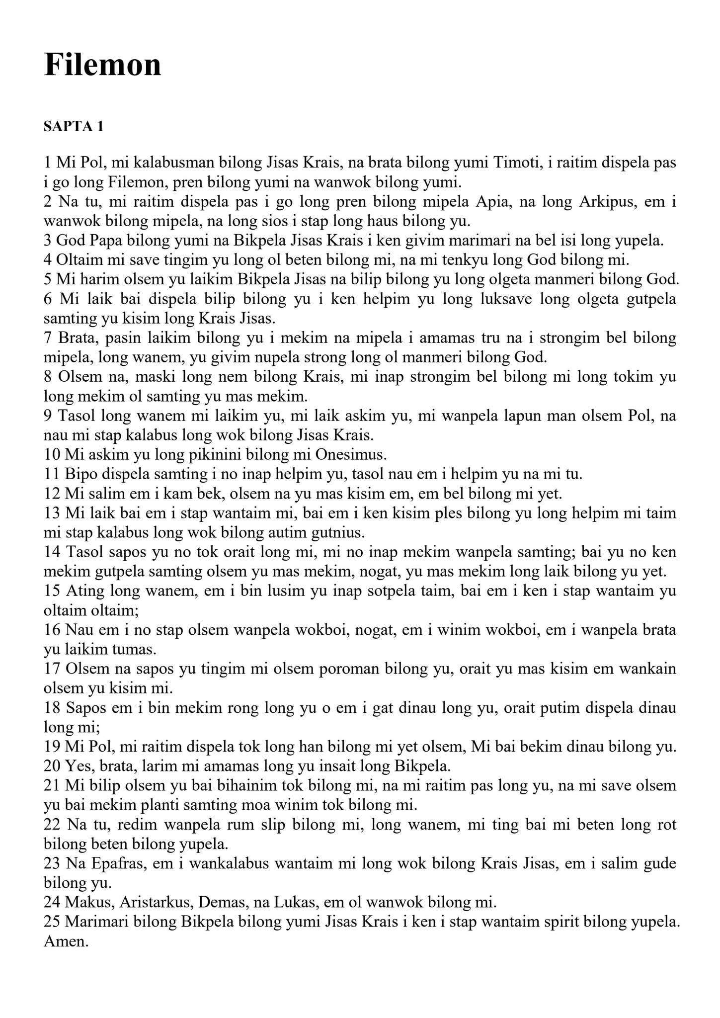 Tok Pisin - The Epistle to Philemon by Filipino Tracts and Literature ...