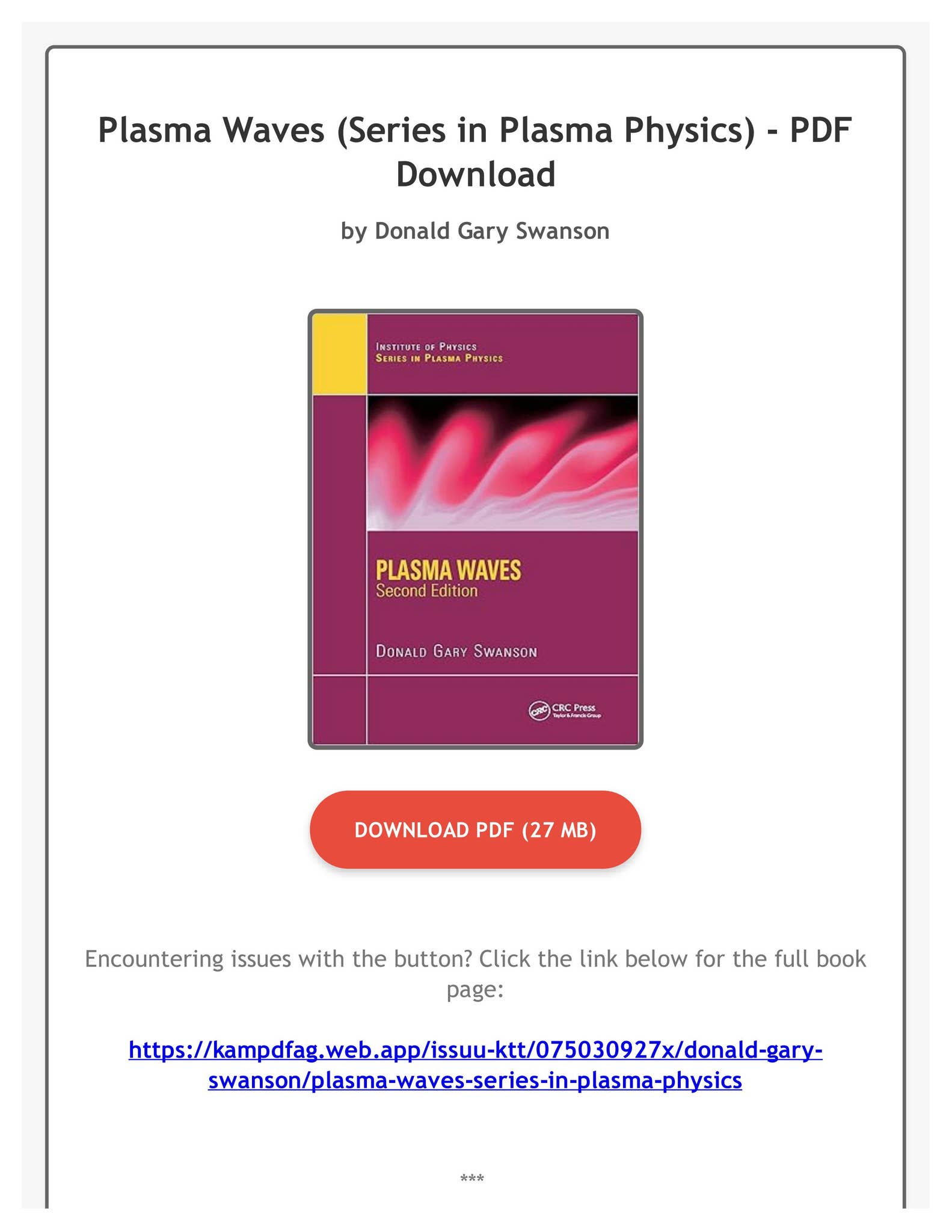 (FREE) (PDF) Plasma Waves (Series in Plasma Physics) by Donald Gary ...